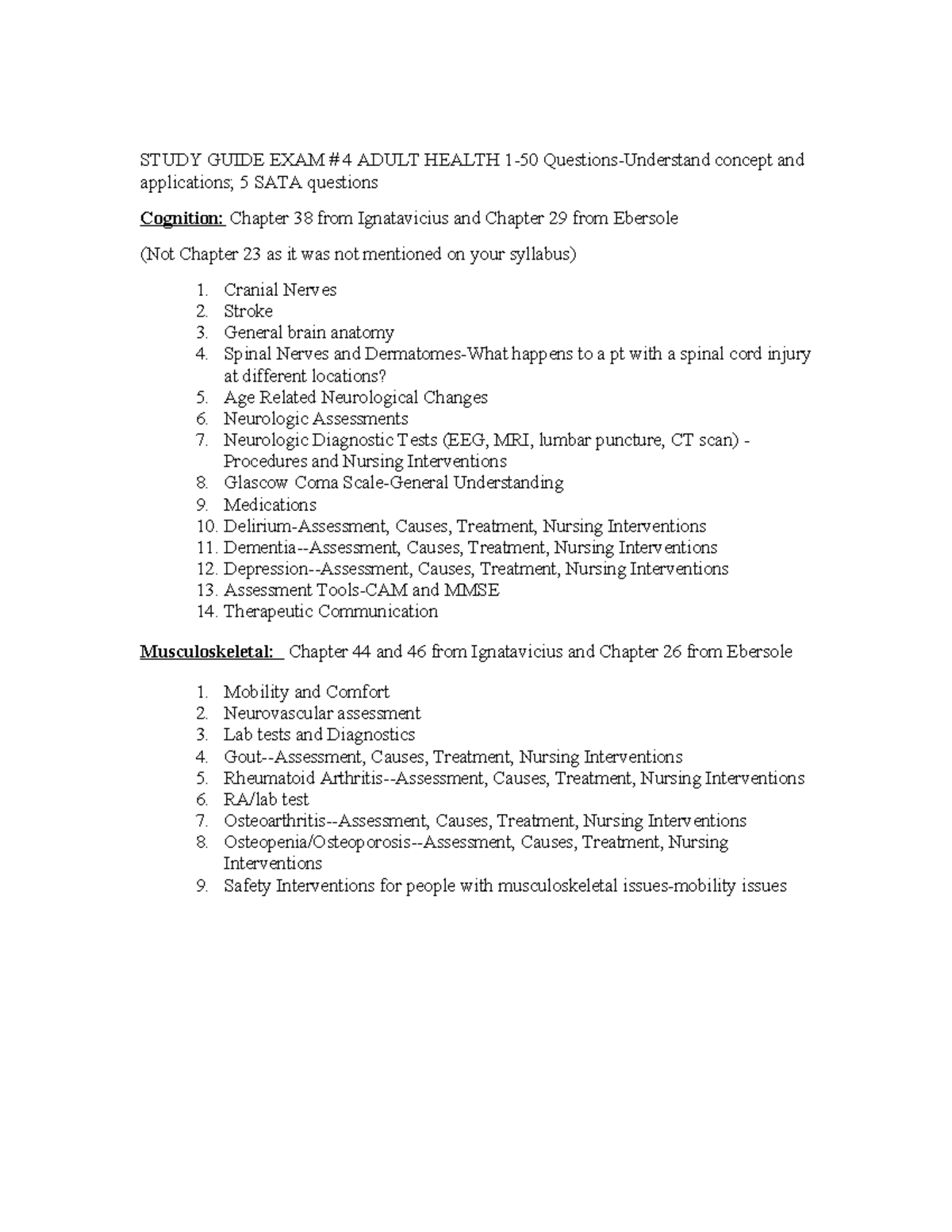 Exam 4 Concept Review - STUDY GUIDE EXAM # 4 ADULT HEALTH 1-50 ...