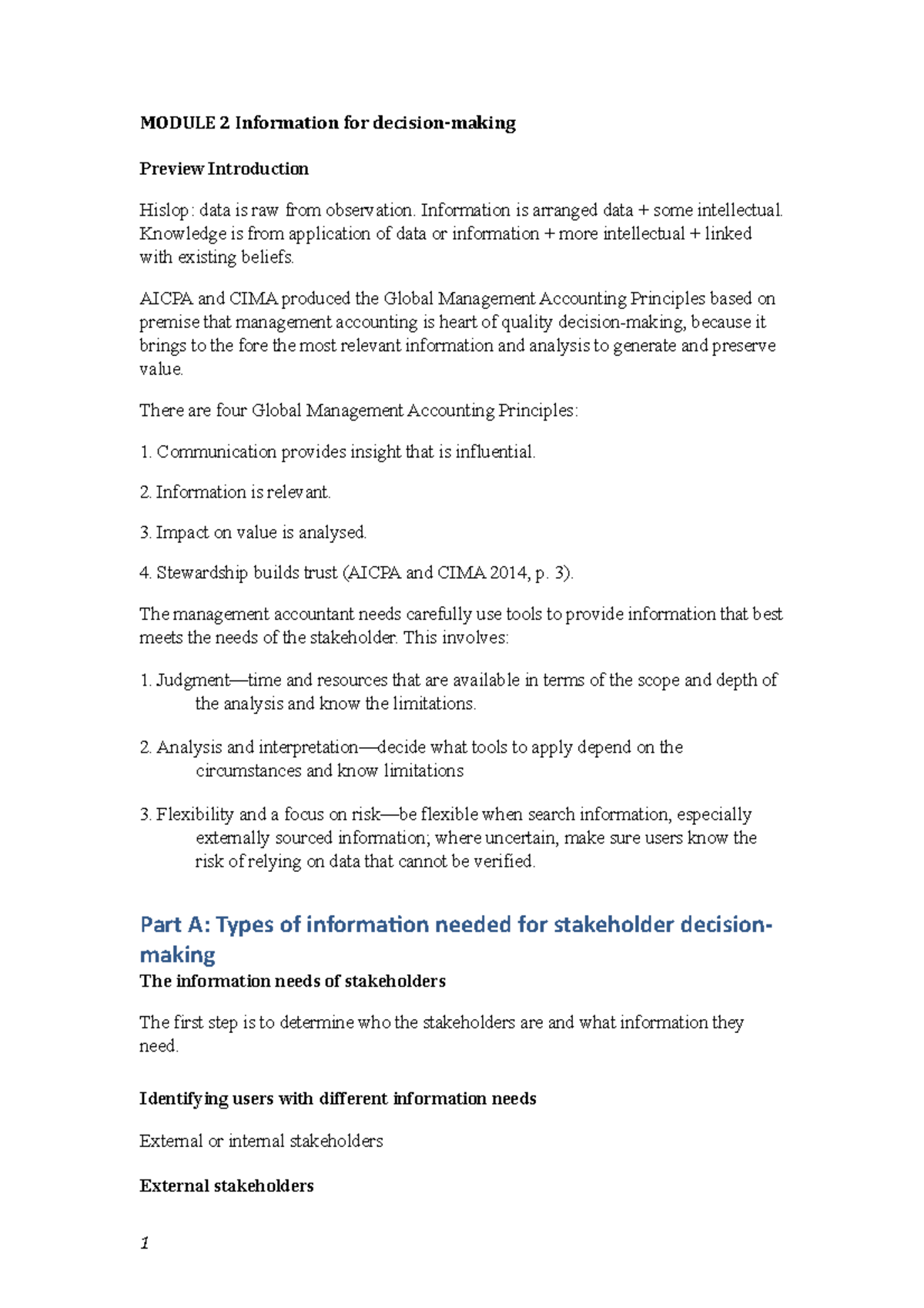 SMA M2 Summary - Notes M2 SMA - MODULE 2 Information for decision ...