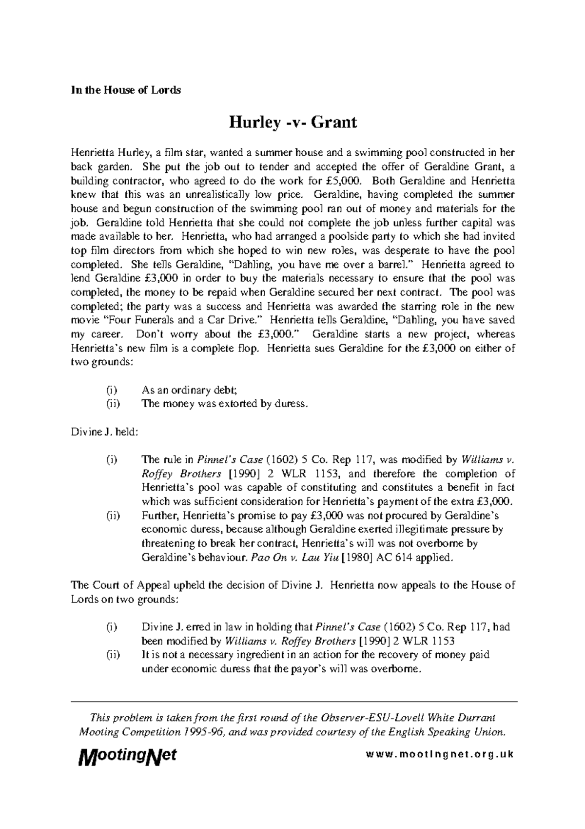 Contract 1 - In the House of Lords Hurley -v- Grant Henrietta Hurley, a ...