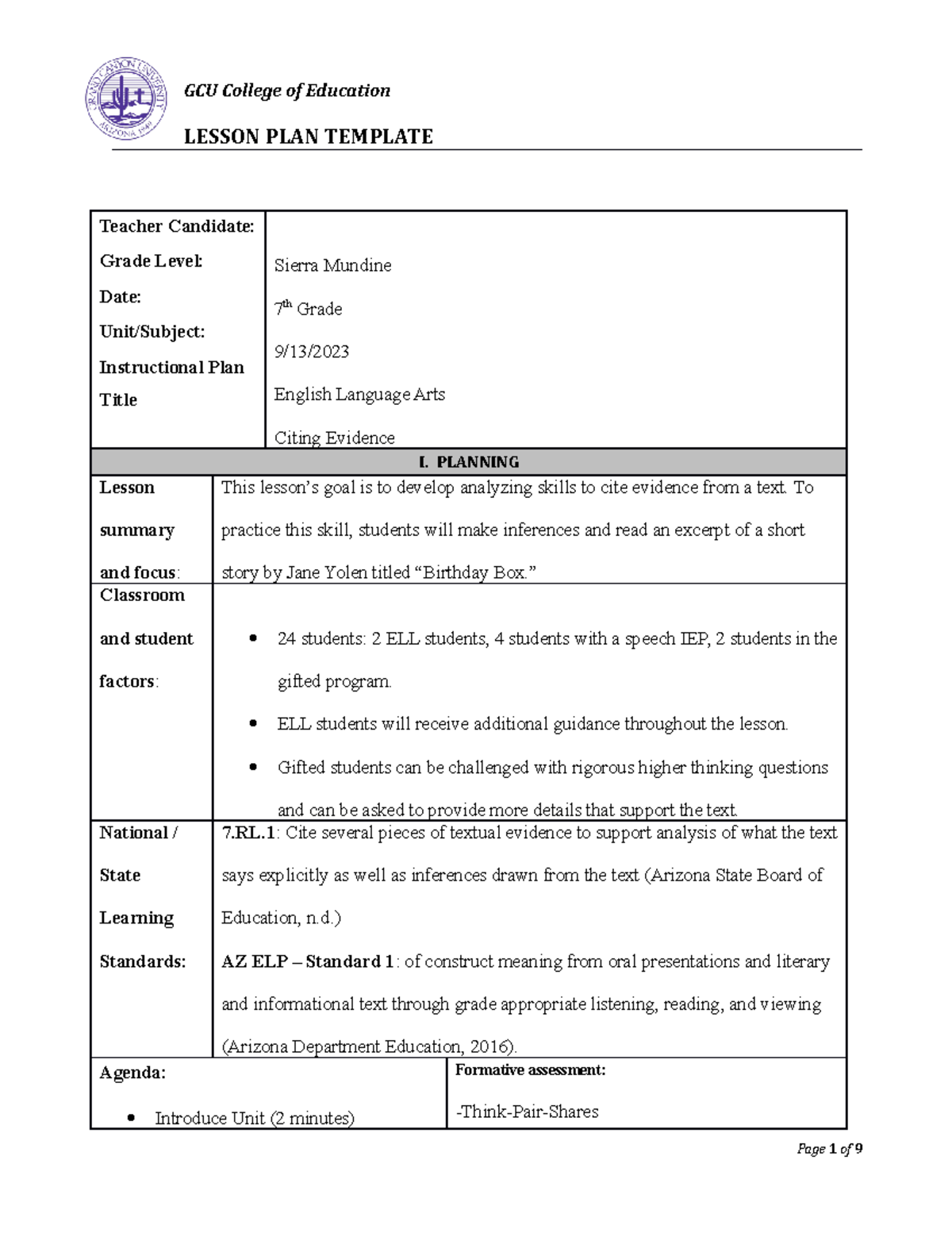 ESL540 - ESL lesson plan with ELP standards. - GCU College of Education ...