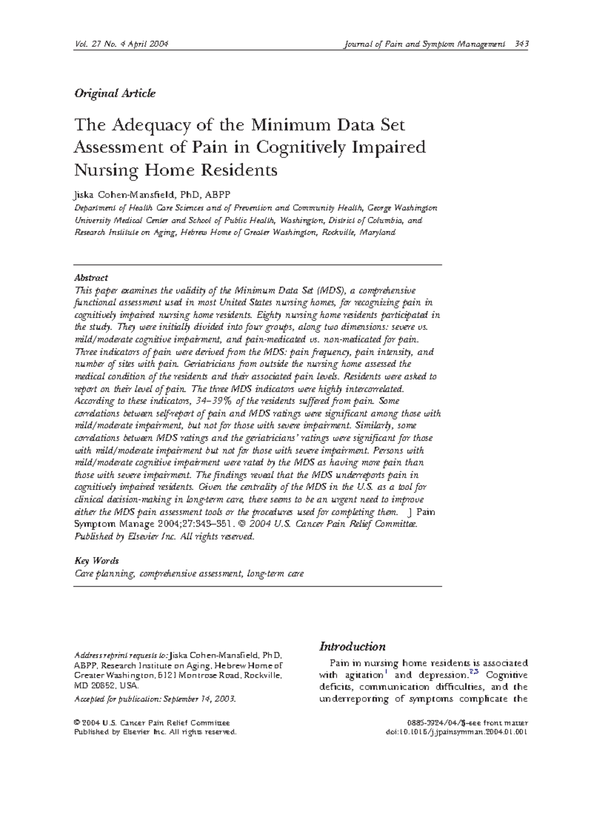 The adequacy of the minimum data set ass - Vol. 27 No. 4 April 2004 ...