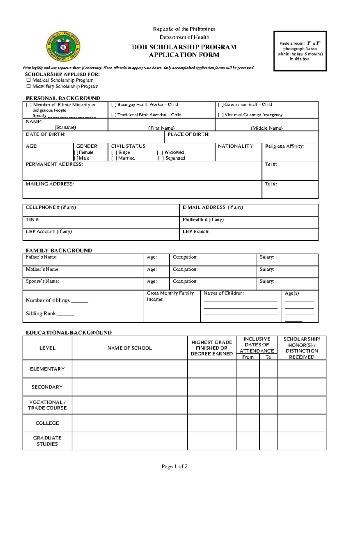 DOH Medical Scholarship Application Form - Republic of the Philippines ...