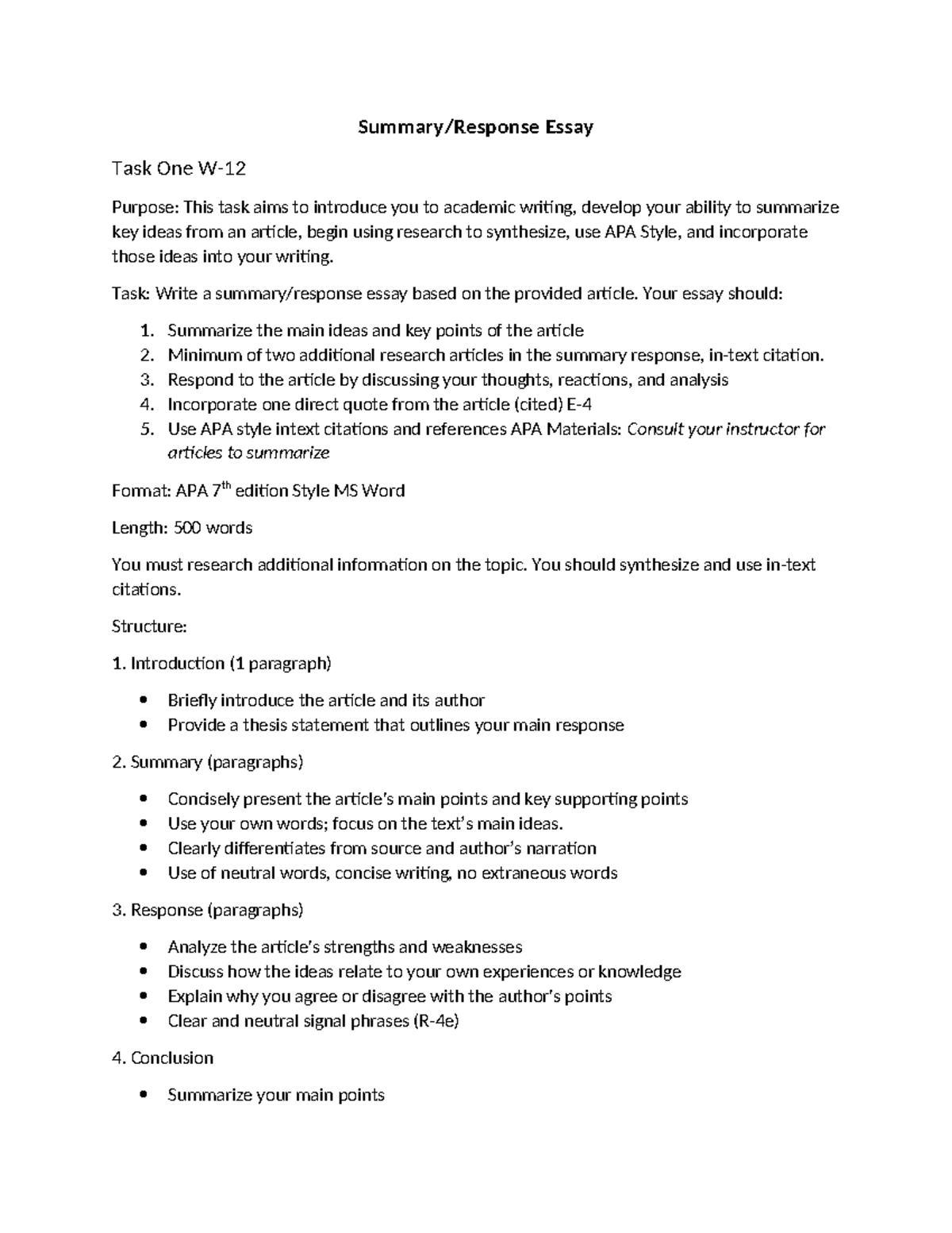 One Summary Response - Tutorial assignment. - Summary/Response Essay ...