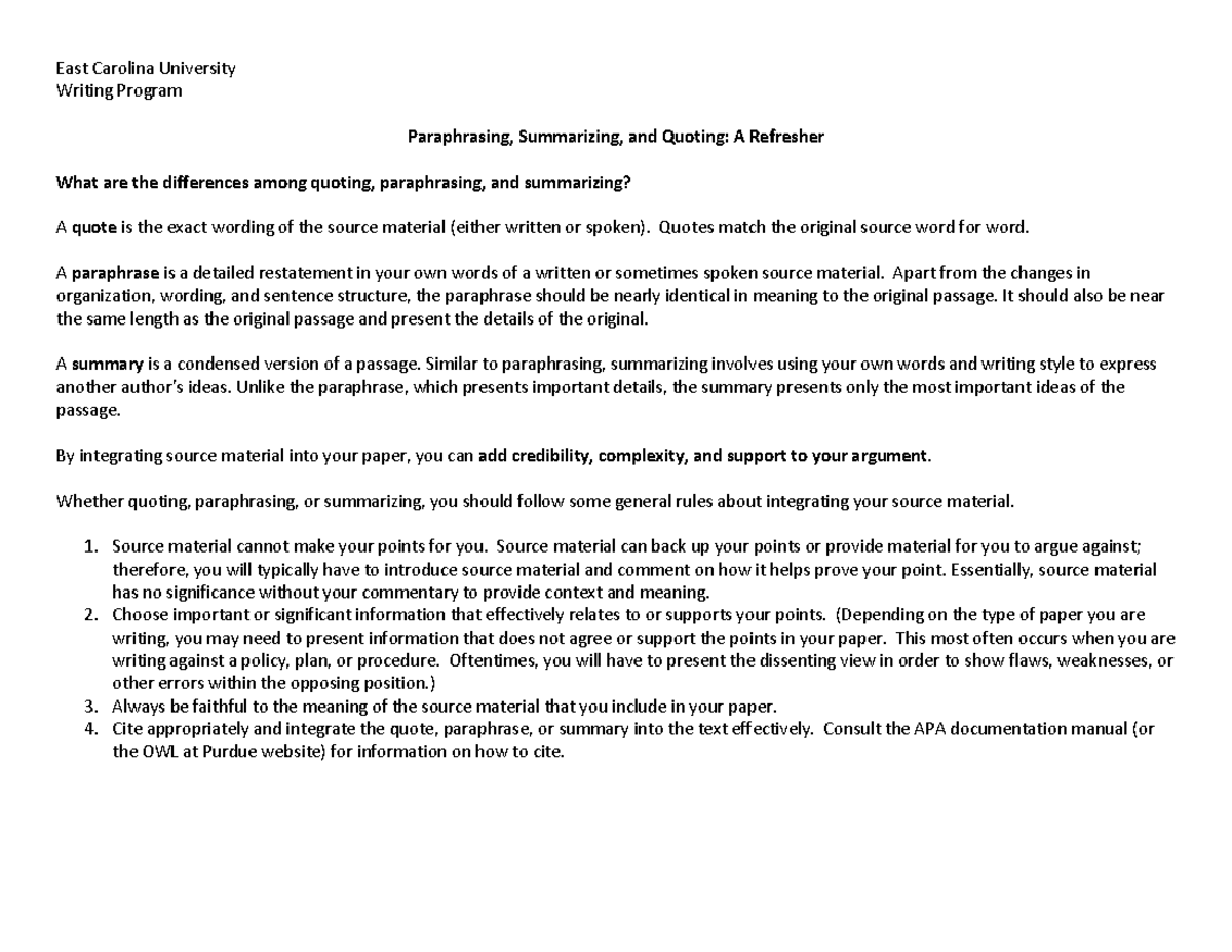 8 Paraphrasing-Summarizing-Quoting - East Carolina University Writing ...