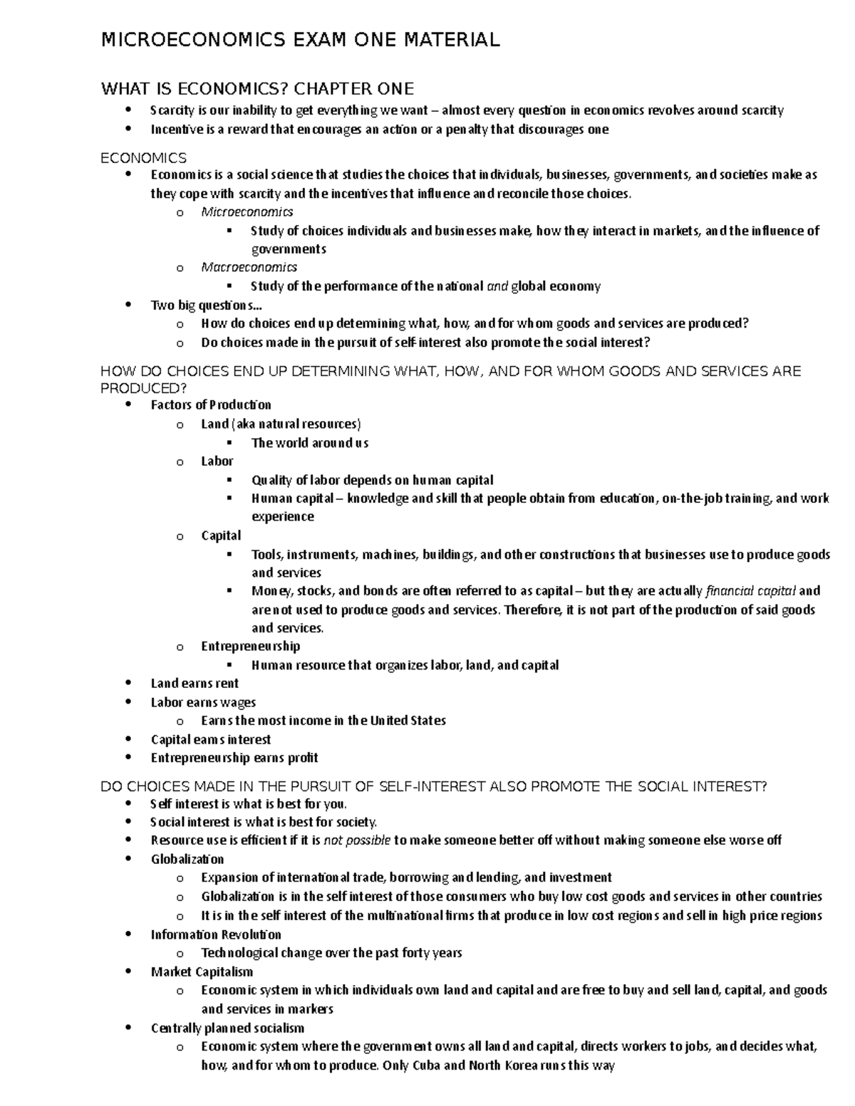 Microeconomics Exam One Notes - MICROECONOMICS EXAM ONE MATERIAL WHAT ...