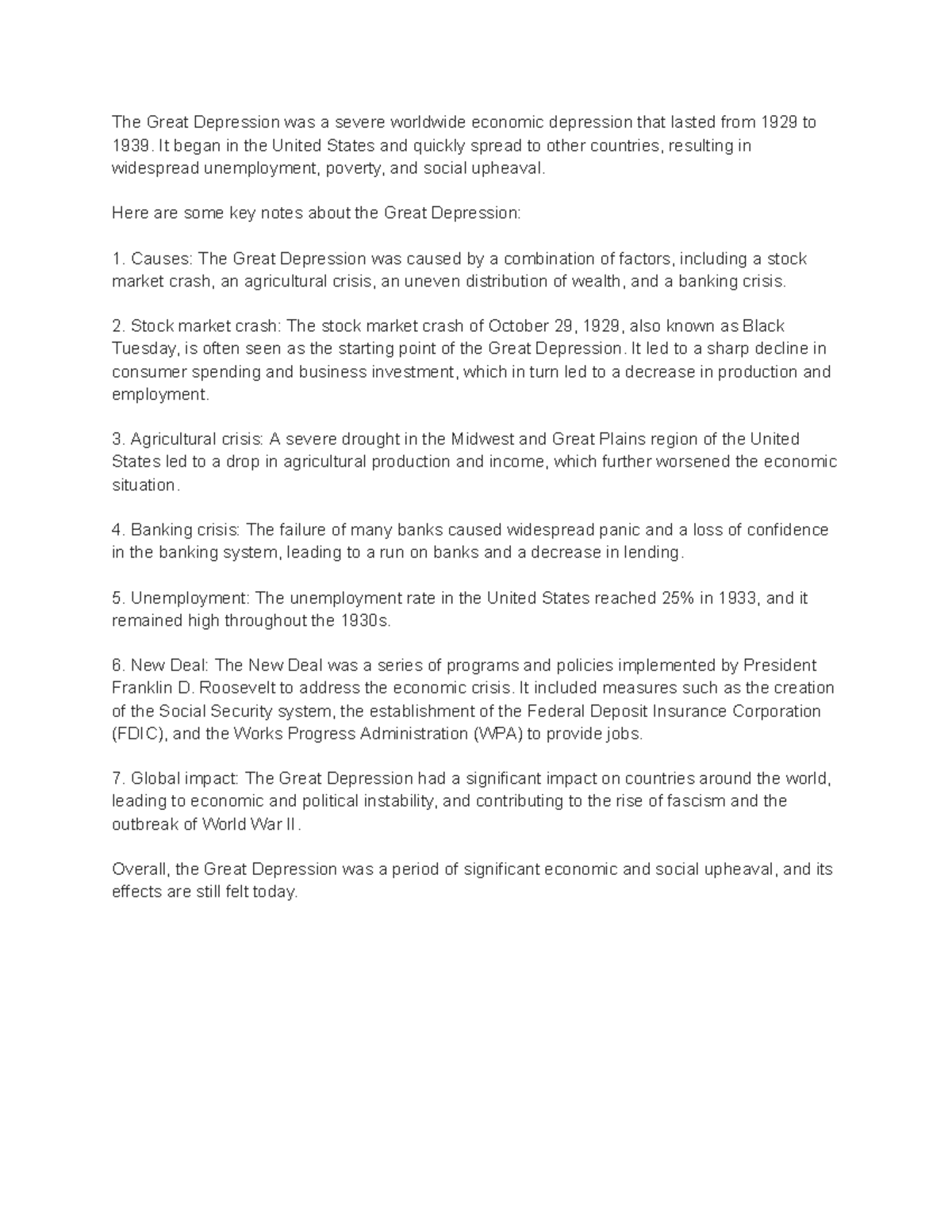 Great Depression Notes - The Great Depression was a severe worldwide ...