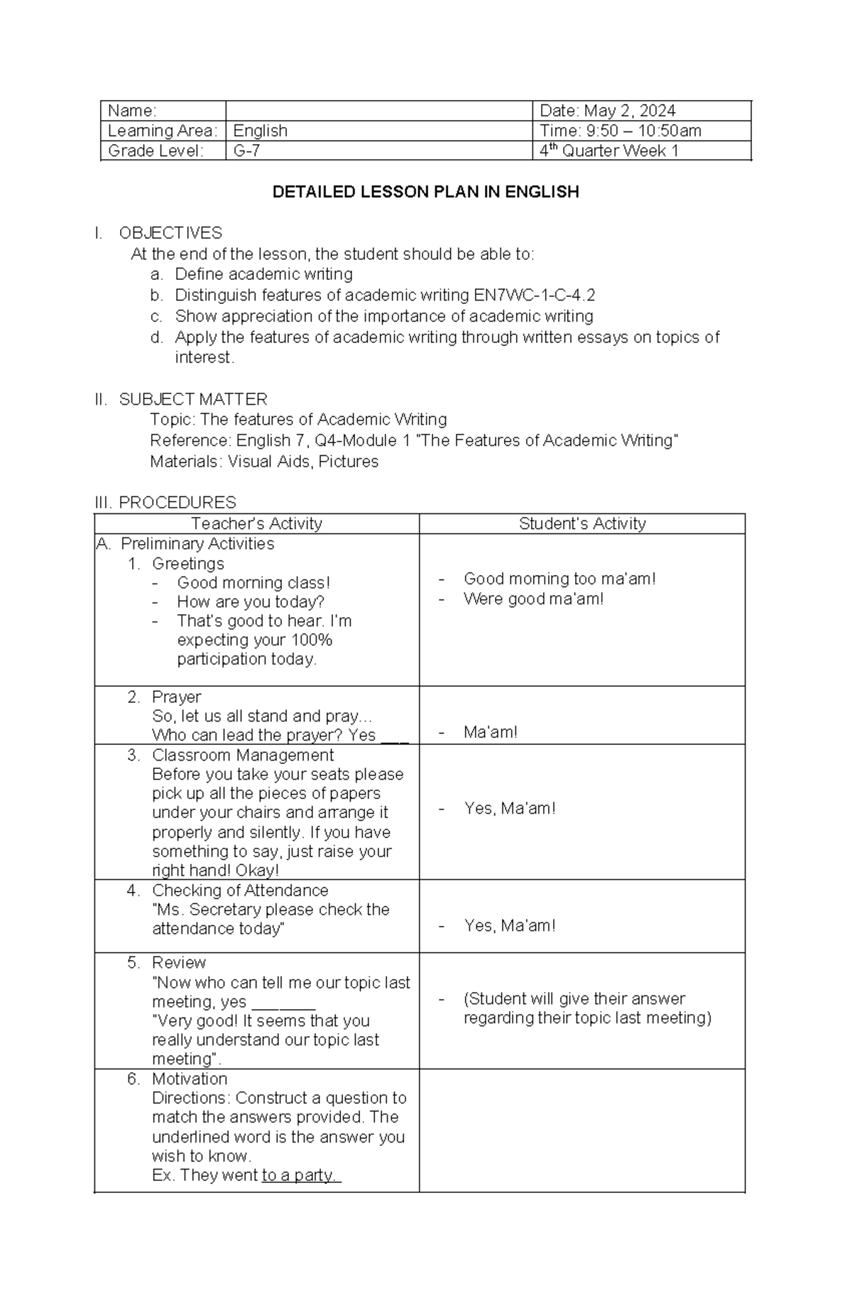 DLP-English 7 - Name: Date: May 2, 2024 Learning Area: English Time: 9: ...