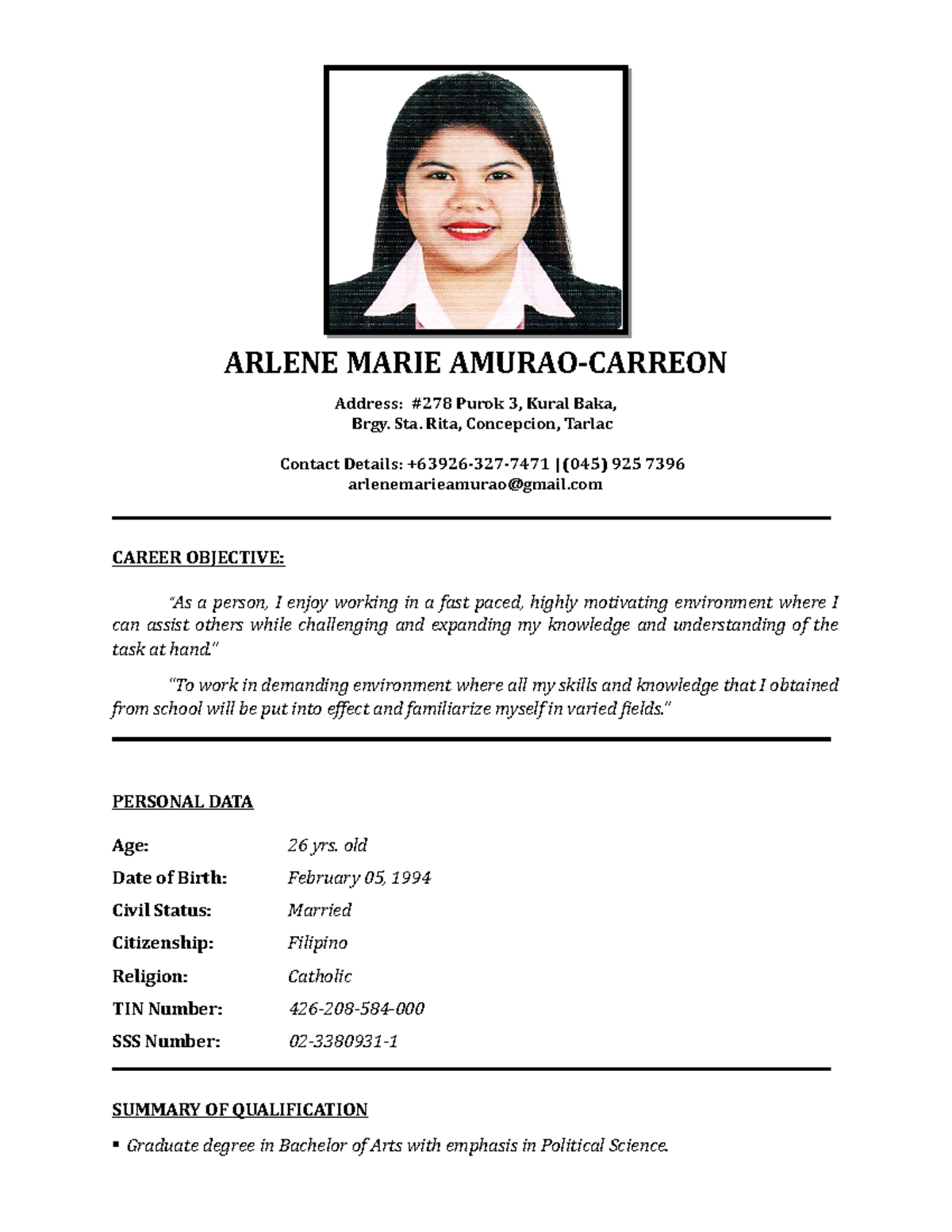 Carreon, Arlene Marie - RESUME - ARLENE MARIE AMURAO-CARREON Address ...