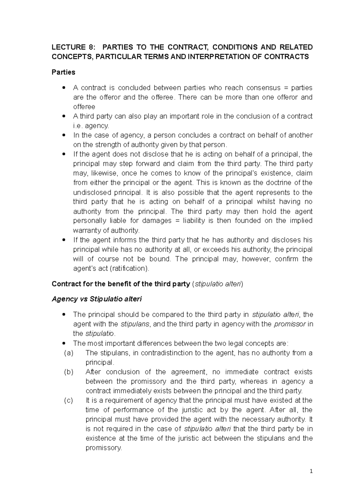 Lecture 8 - Slides - LECTURE 8: PARTIES TO THE CONTRACT, CONDITIONS AND ...