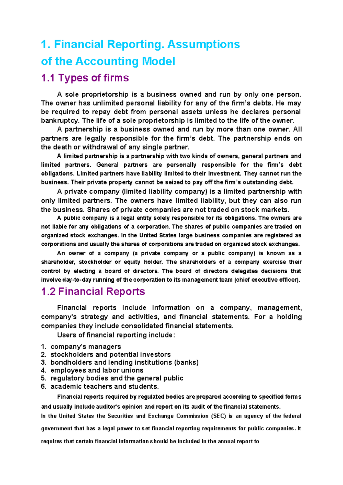 Accounting assumptions - 1. Financial Reporting. Assumptions of the ...