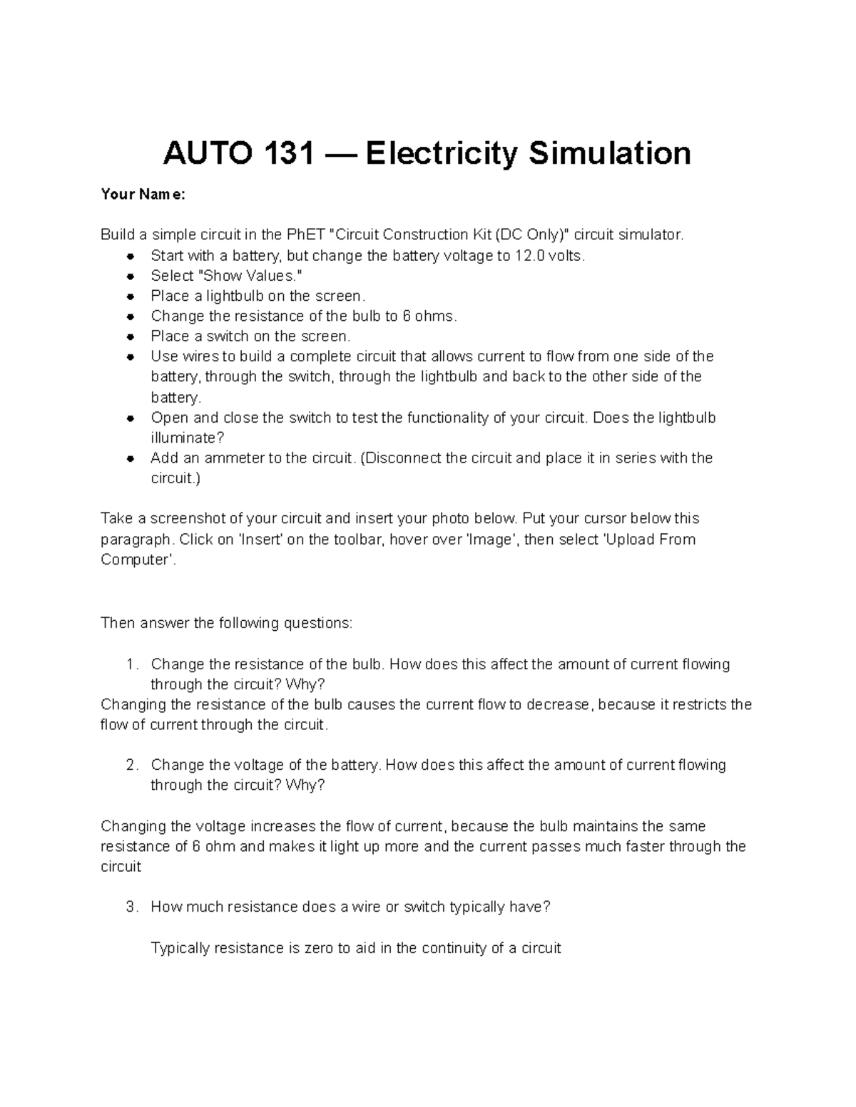 Auto131 document w01Electricity Worksheet - AUTO 131 — Electricity ...
