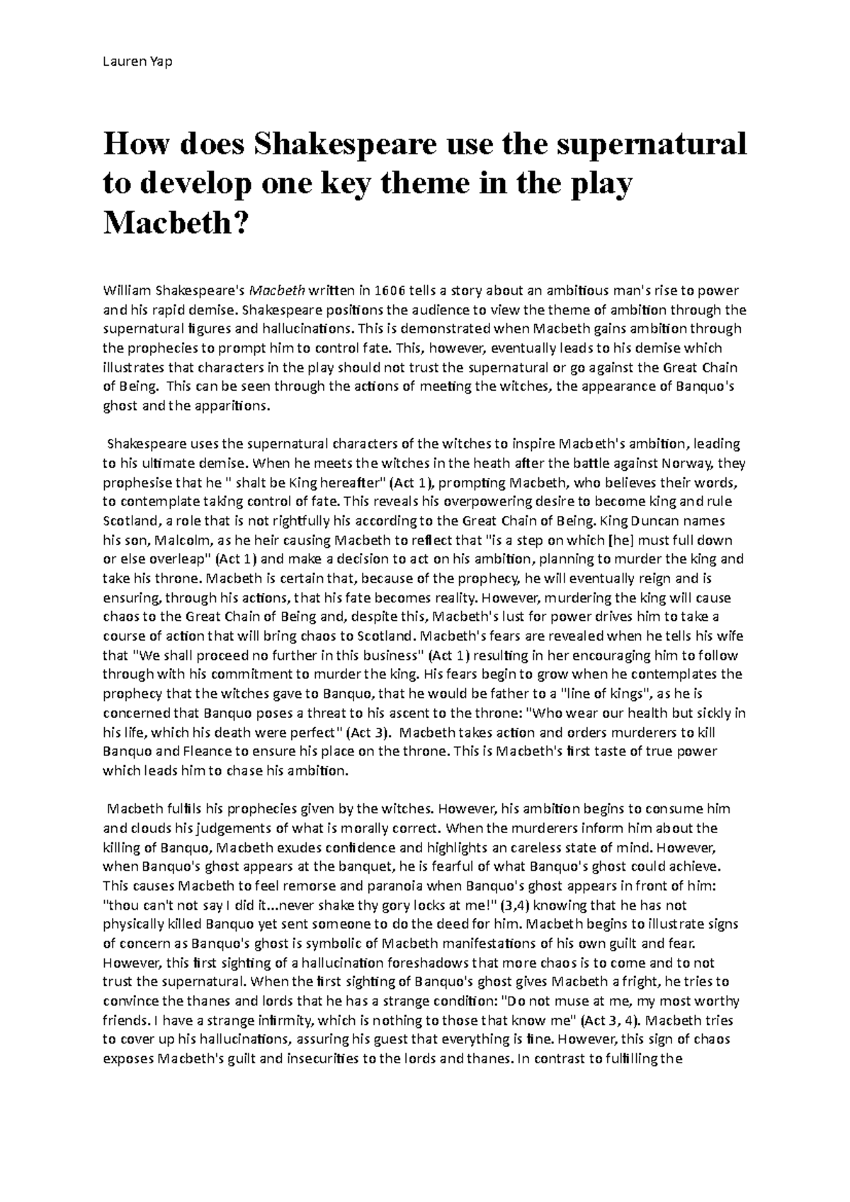 Supernatural essay for english - Lauren Yap How does Shakespeare use ...