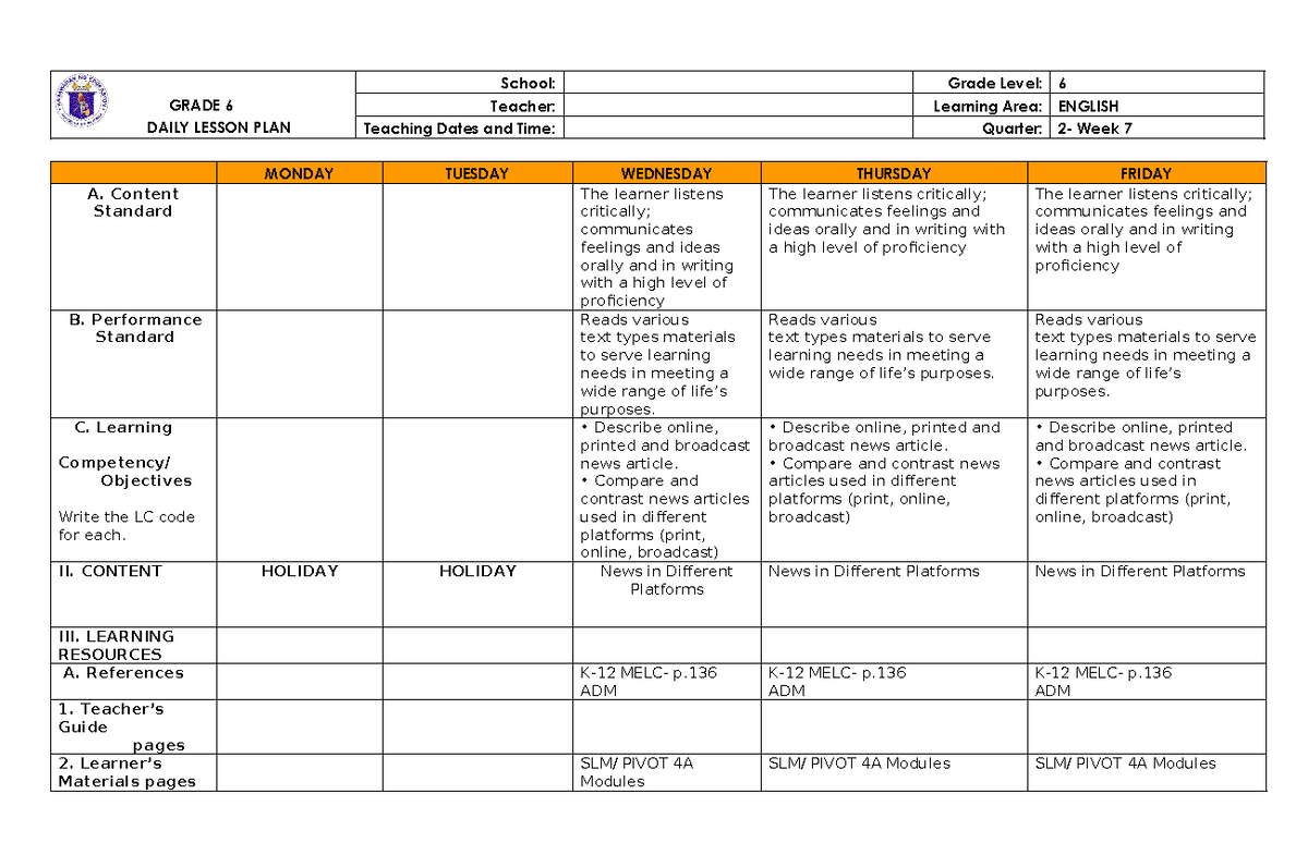 English DLL G6 Q2 W7-1 - DLL - GRADE 6 DAILY LESSON PLAN School: Grade ...
