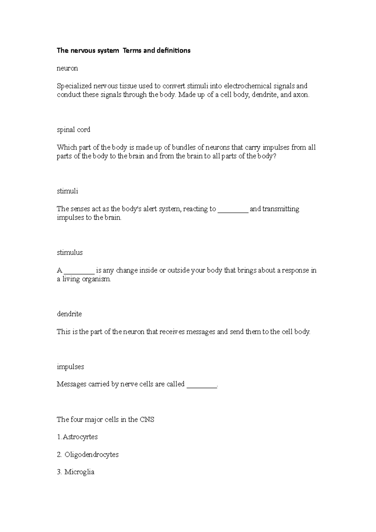 The nervous system Terms and definitions - The nervous system Terms and ...