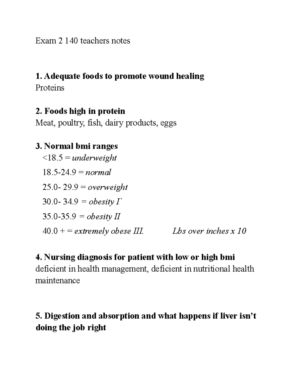 Exam 2 140 teachers notes - Exam 2 140 teachers notes Adequate foods to ...