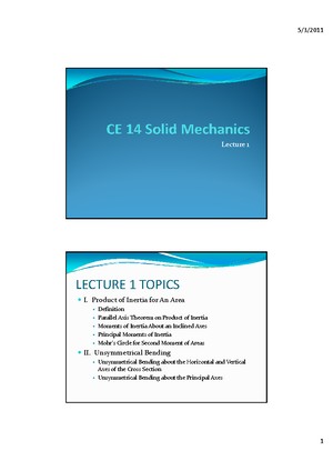 CE 14 Solid Mechanics (Lecture 9) - Lecture 9 LECTURE 9 TOPICS I ...