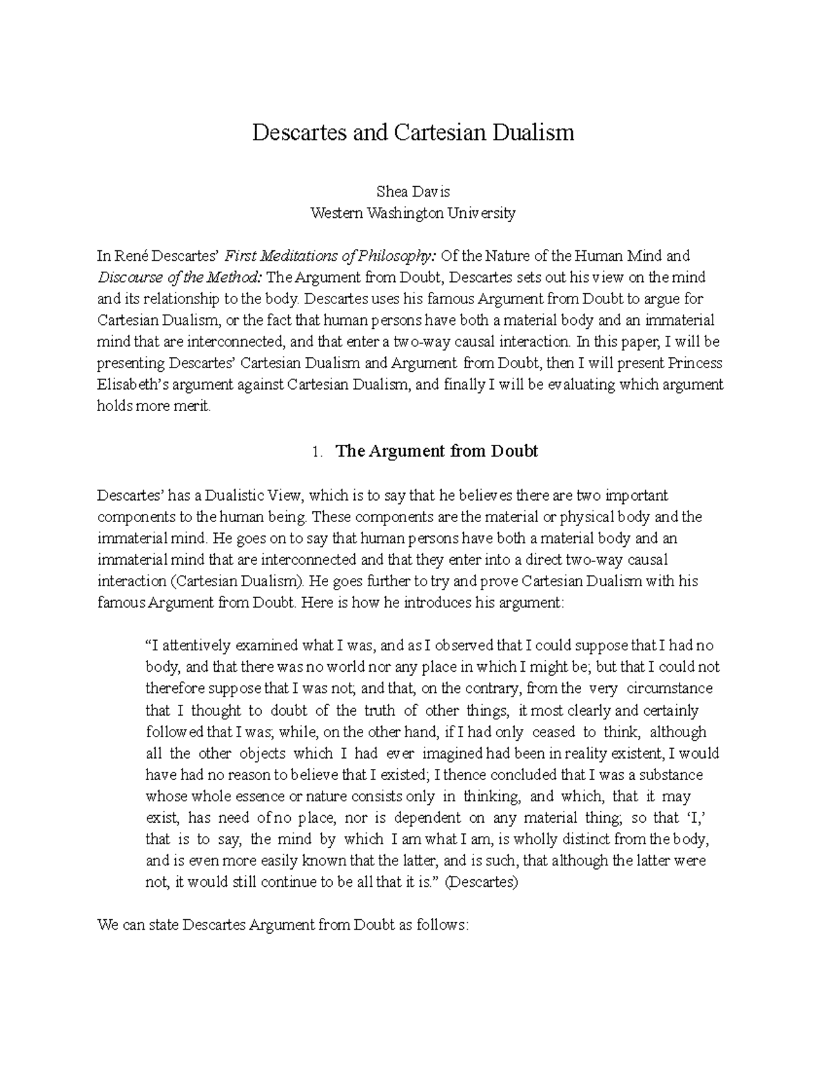 Final paper - phil 425 - Grade: A- Descartes and Cartesian Dualism Shea ...
