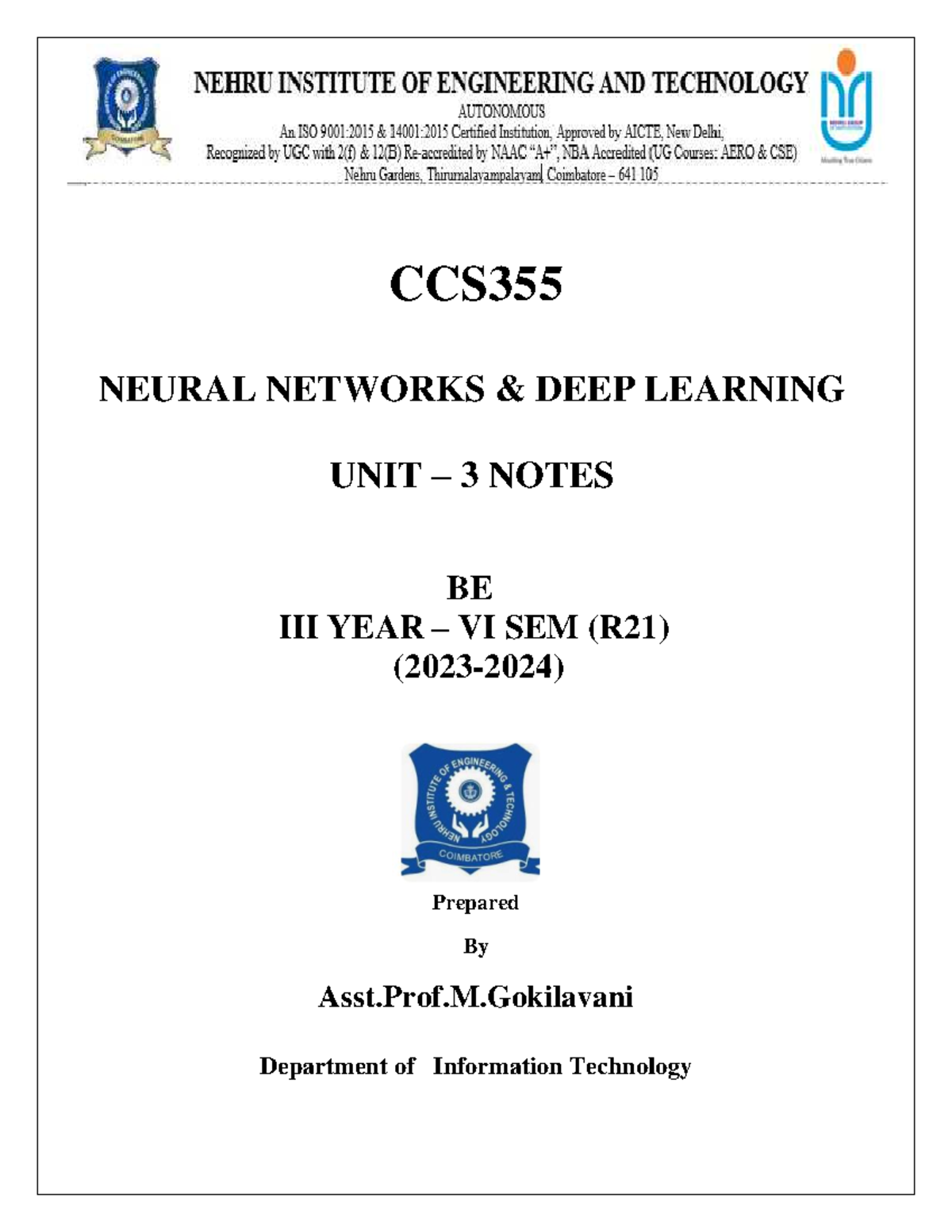 Ccs35 Neural Network And Deep Learning U Ccs Neural Networks And Deep Learning Unit 3 Notes Be