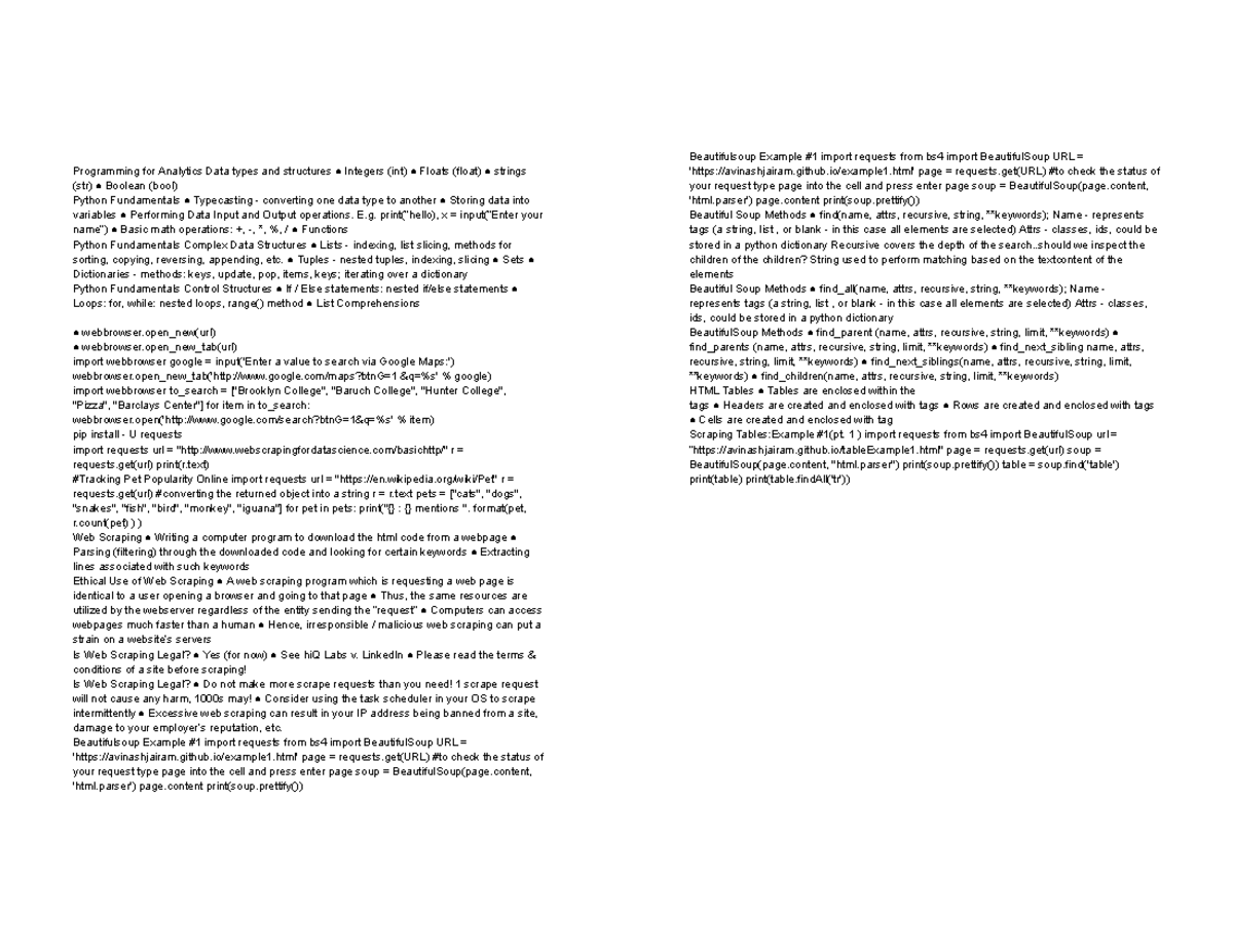 CIS 3120 quiz 1 - Google Docs - Programming for Analytics Data types and structures Integers ...