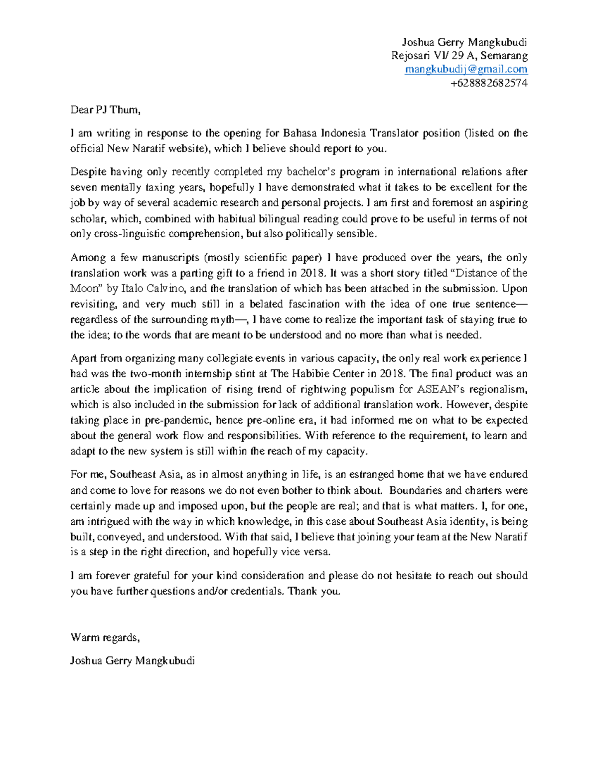 Cover Letter Joshua Gerry New Naratif - Joshua Gerry Mangkubudi ...