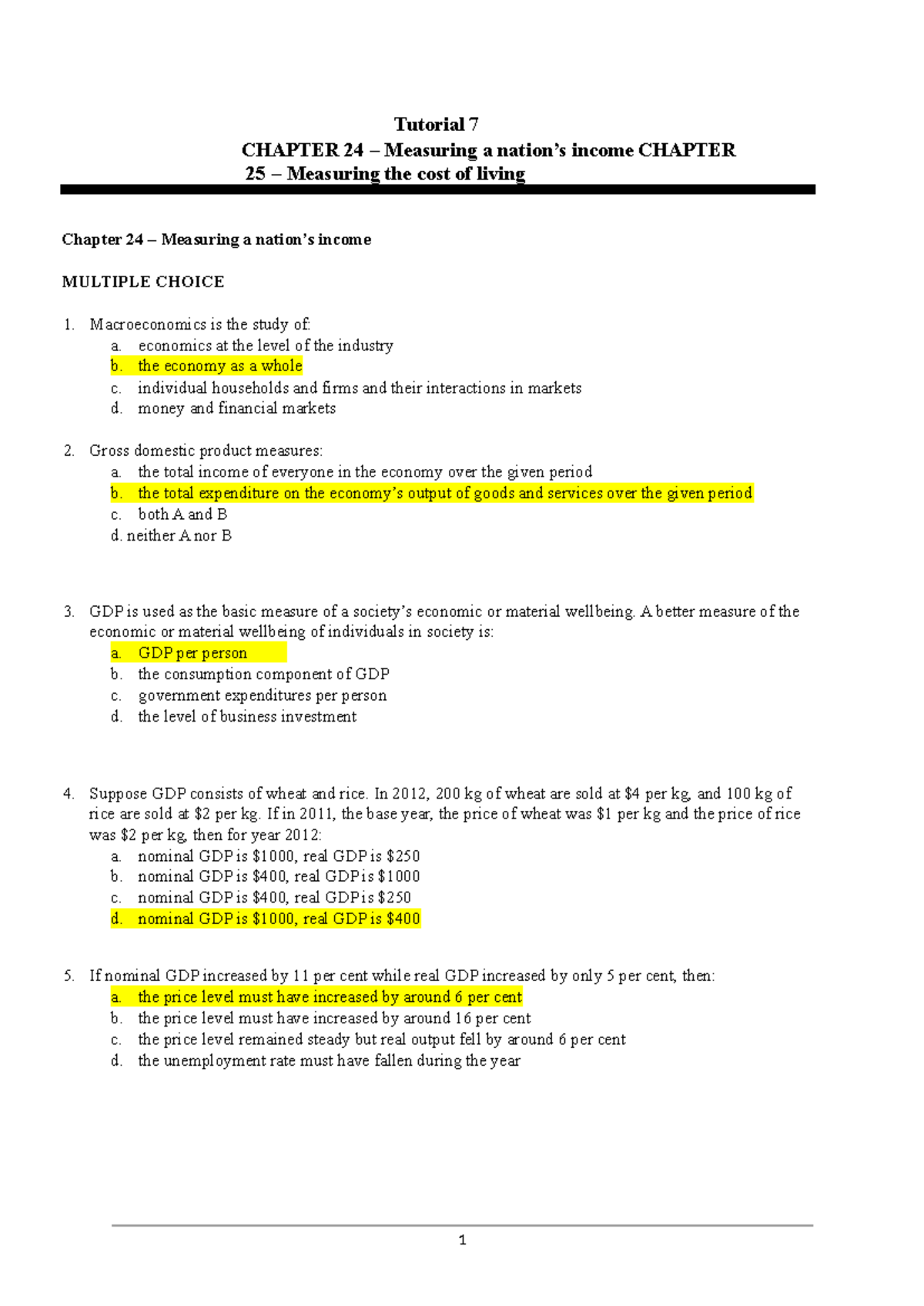 Tutorial 7 - tut work - Tutorial 7 CHAPTER 24 – Measuring a nation’s ...