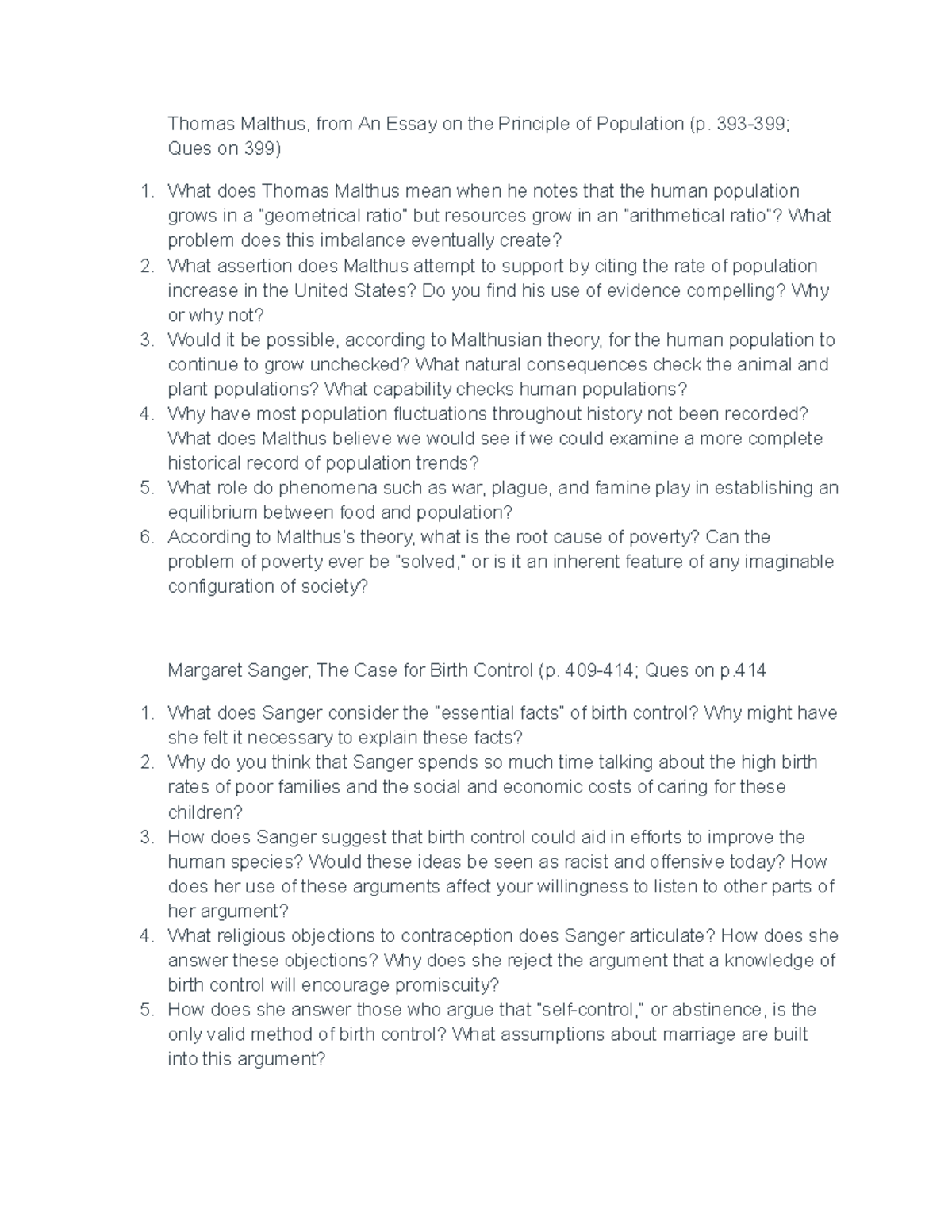 Writing Homework September 22 - Thomas Malthus, from An Essay on the ...