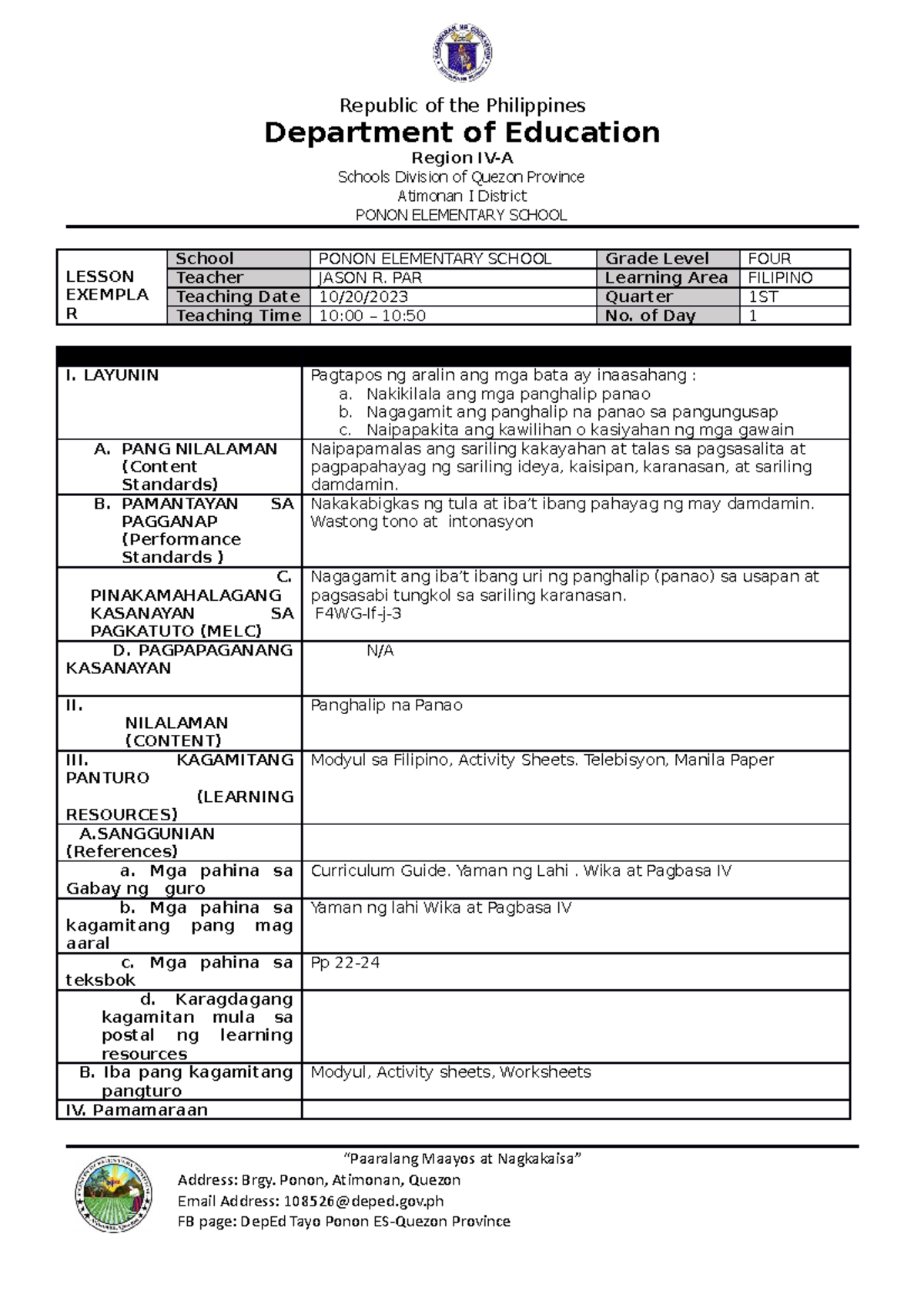 CO LP in Filipino 4 - lesson plan - Department of Education Region IV-A ...