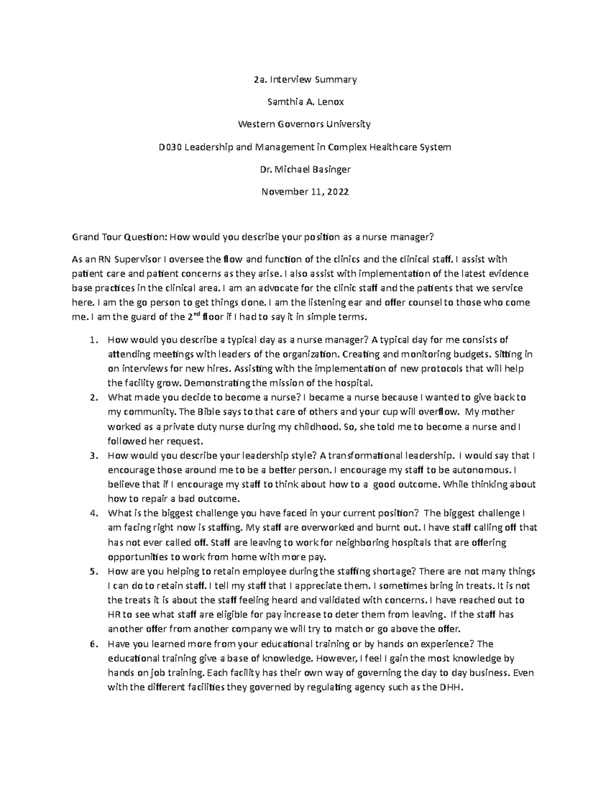 Interview Summary - 2a. Interview Summary Samthia A. Lenox Western ...