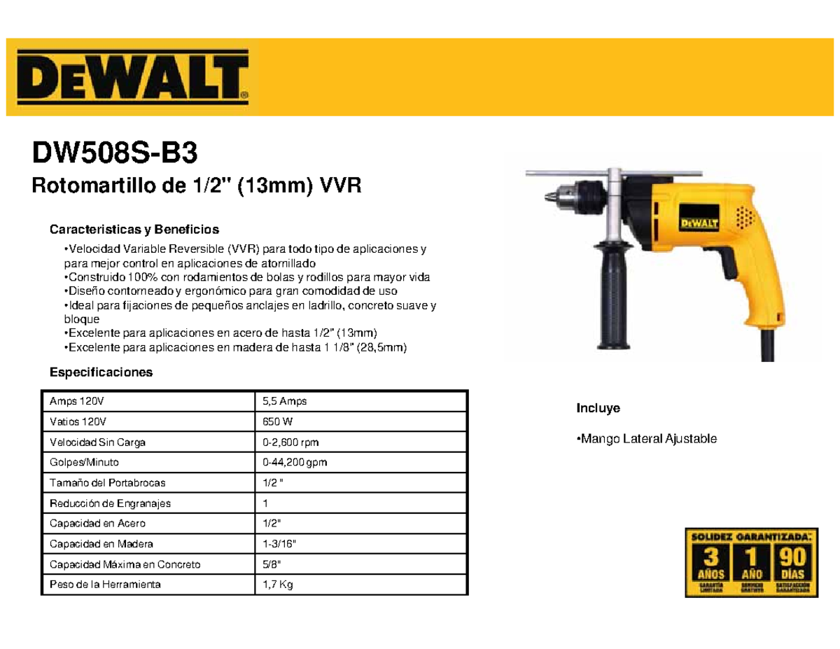 Ficha técnica para taladro percutor Dewalt - DW508S-B Rotomartillo de 1 ...