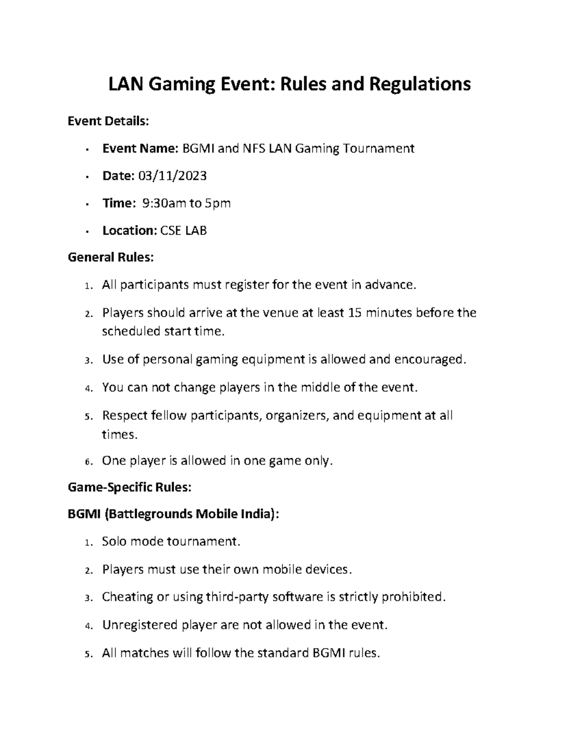 LAN Gaming Event (2) - LAN Gaming Event: Rules and Regulations Event ...