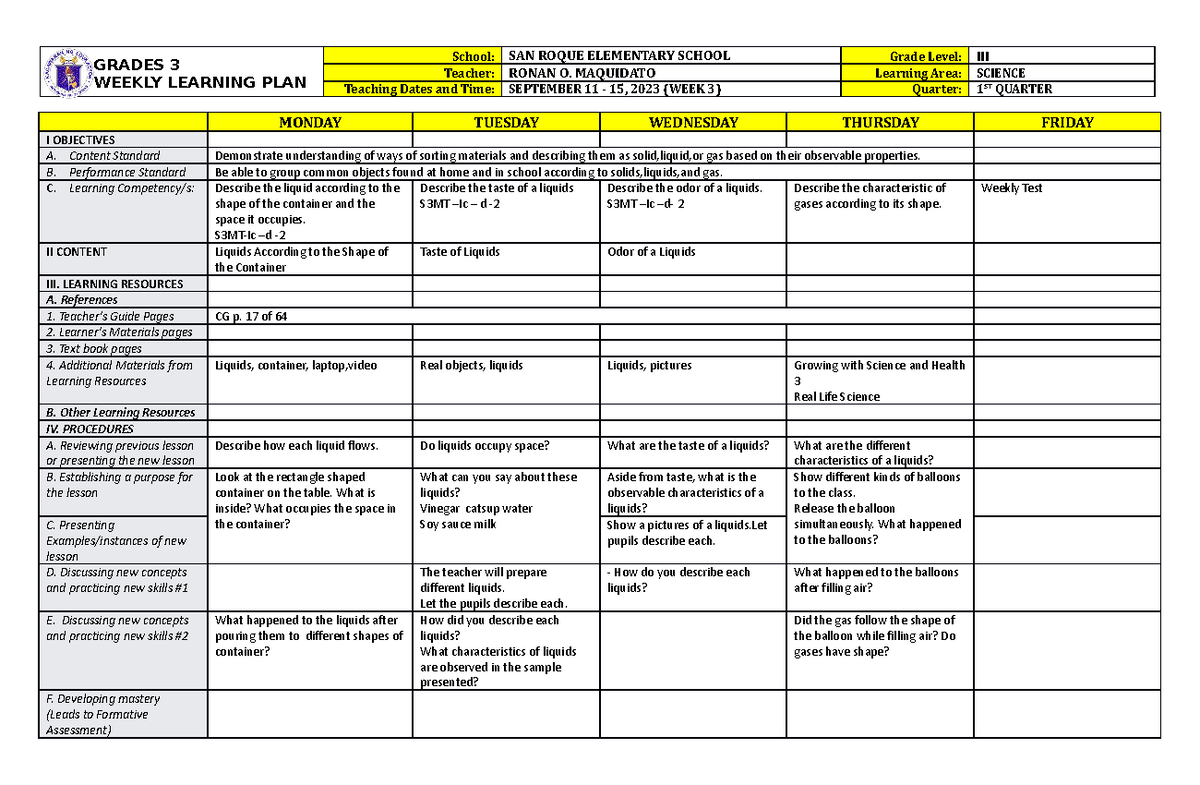 DLL Science 3 Q1 W3 - THANK YOU - GRADES 3 WEEKLY LEARNING PLAN School ...