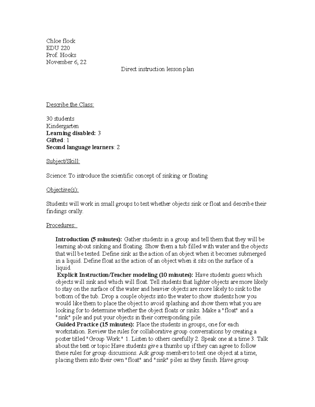 Direct instruction lesson - Chloe flock EDU 220 Prof. Hooks November 6 ...
