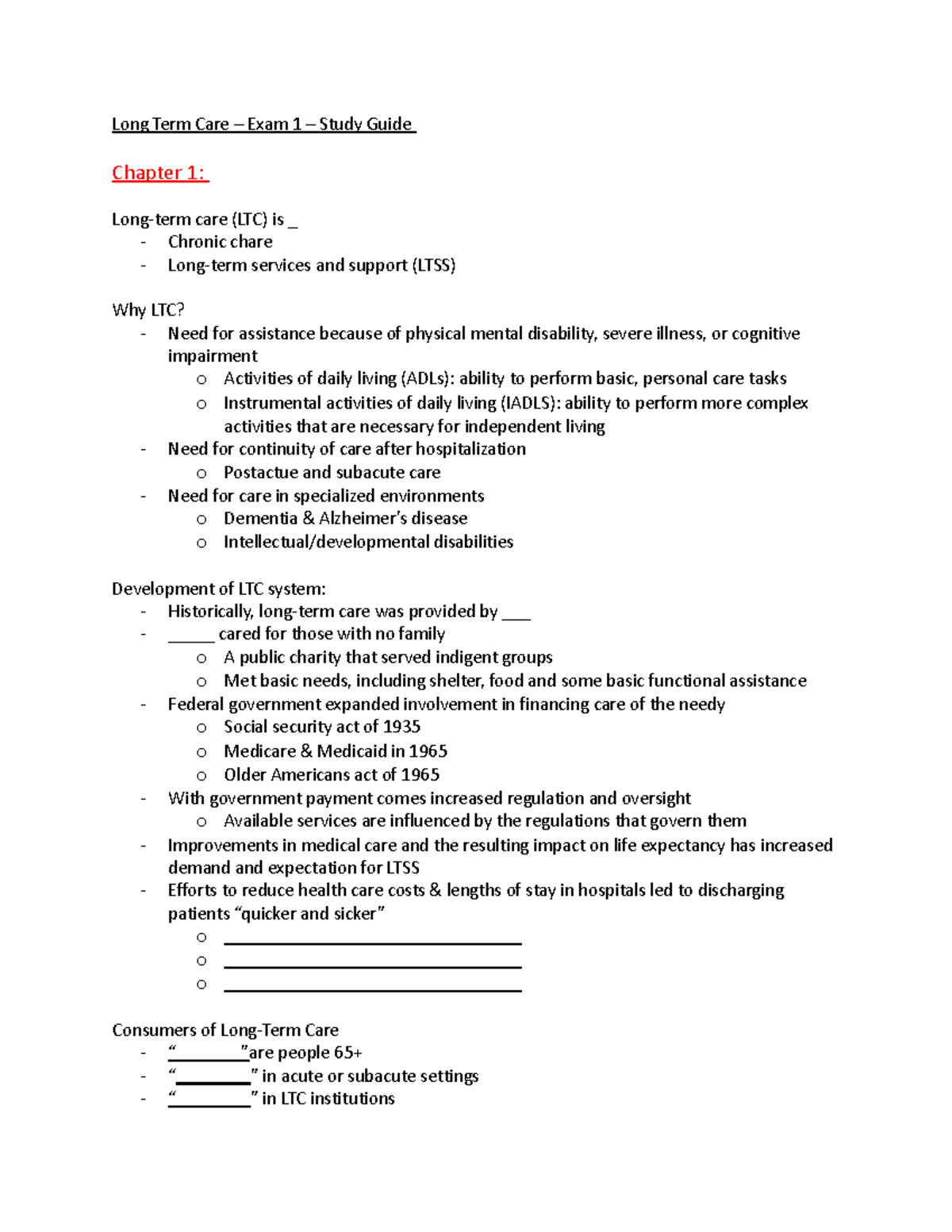 Long Term Care - Exam 1 SG - Long Term Care – Exam 1 – Study Guide ...