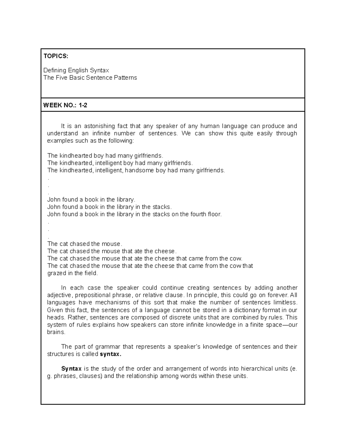5 Basic Sentence Patterns TOPICS Defining English Syntax The Five