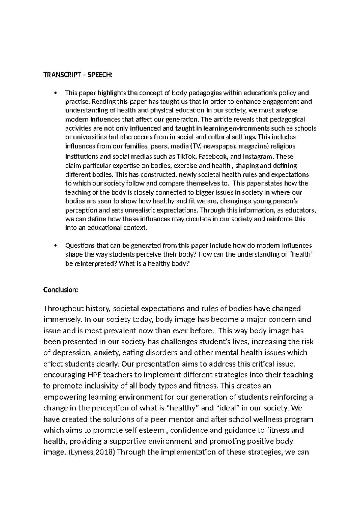 Transcript body image - TRANSCRIPT – SPEECH: This paper highlights the ...