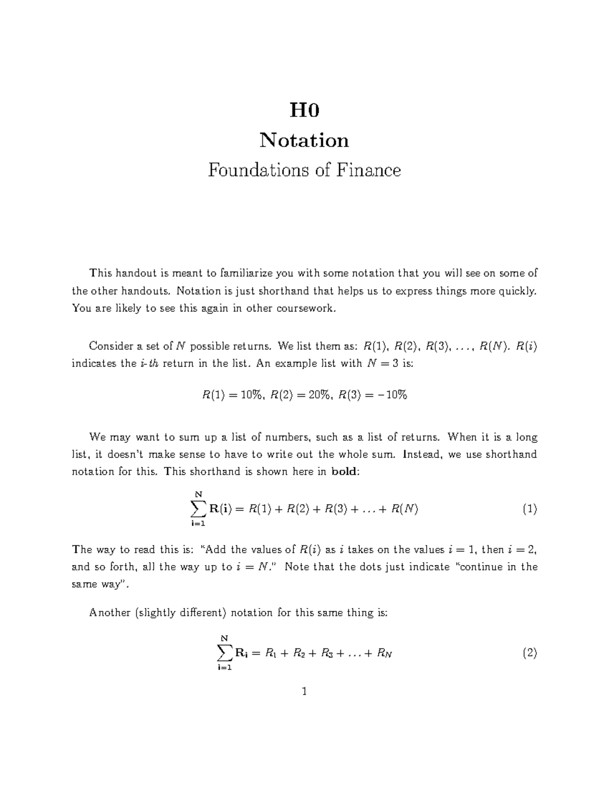 H0 - Lecture 1 - handouts - H0 Notation Foundations of Finance This ...