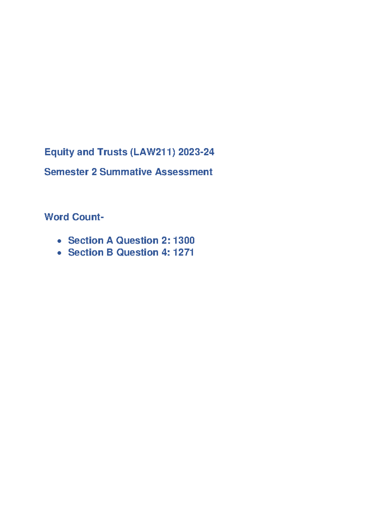 Equity and trust 90% - Final coursework - Equity and Trusts (LAW211) 2023- 24 Semester 2 ...