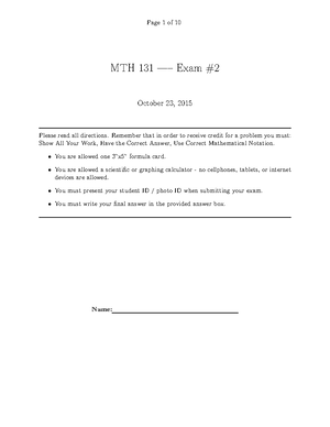 131 Exam 1 Study Guide - MTH 131: Exam 1 Study Guide Overview Exam:Exam ...