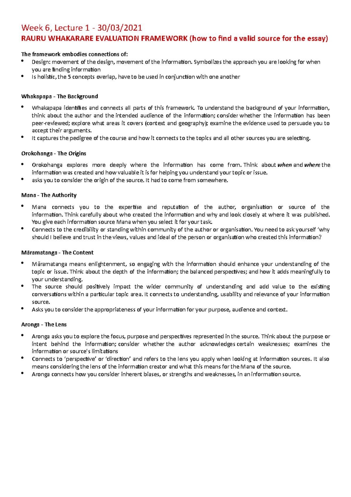 LAWS121 Week 6 Lecture 1 on Sources - Week 6, Lecture 1 - 30/03/ RAURU WHAKARARE EVALUATION ...