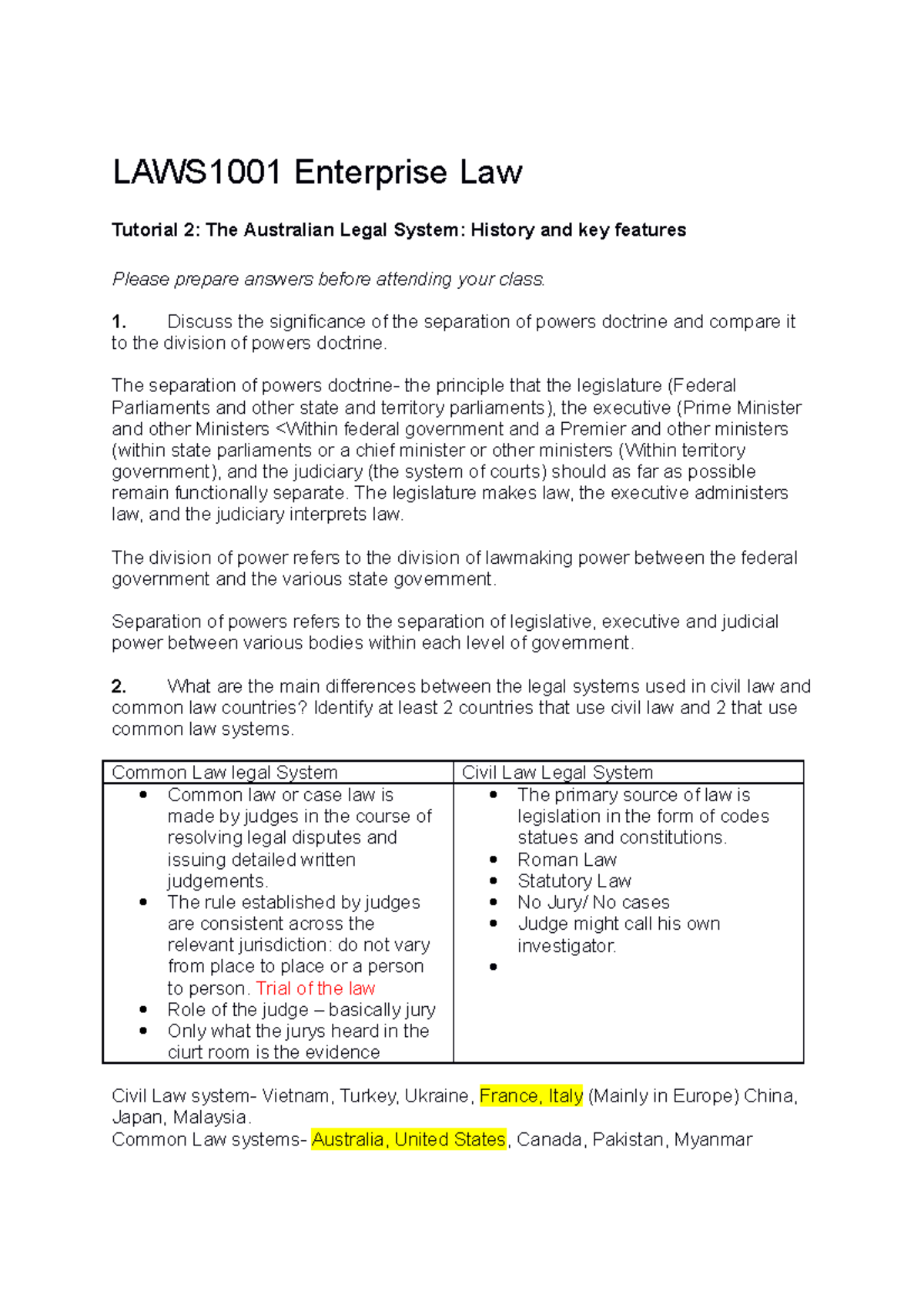 Tutorial Enterprise Law - LAWS1001 Enterprise Law Tutorial 2: The ...