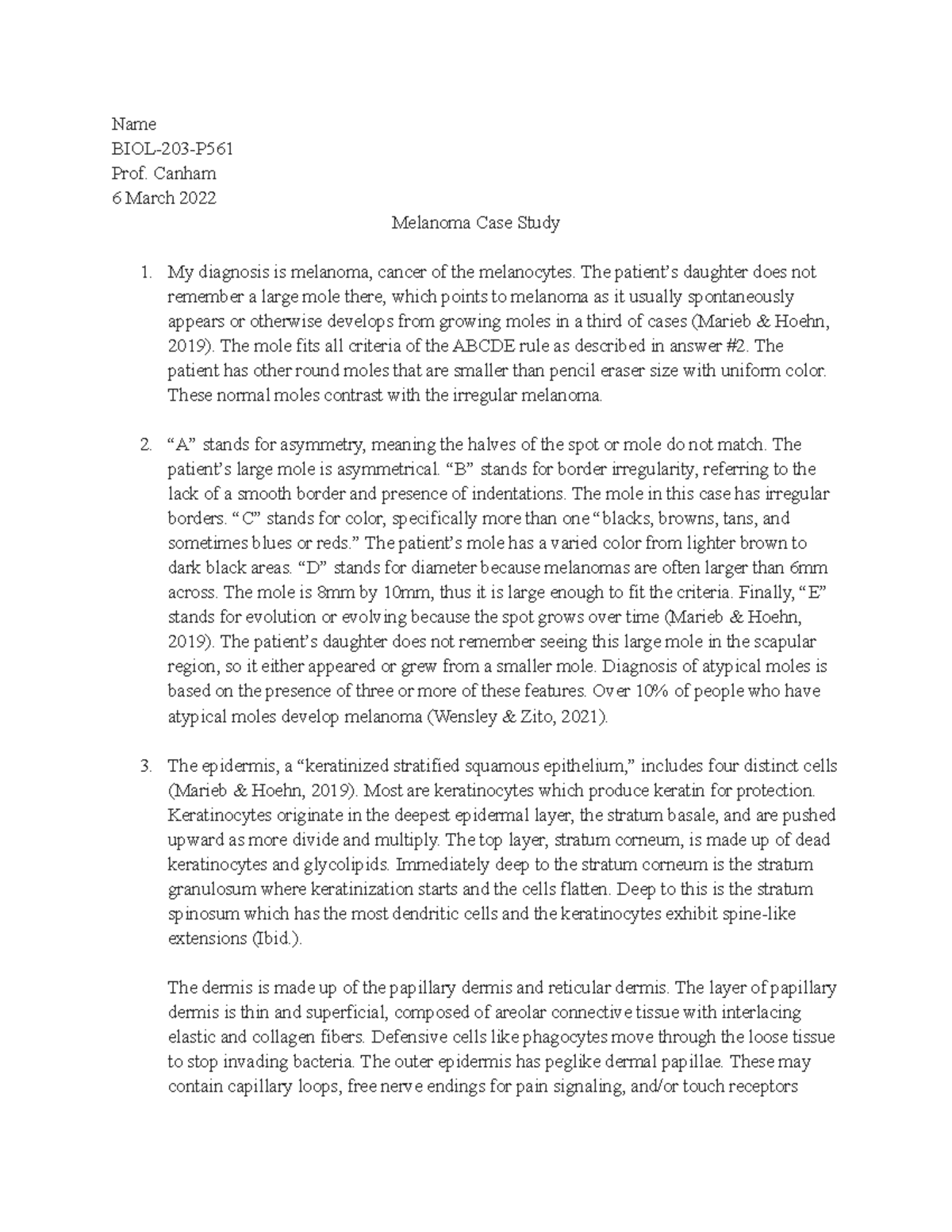Melanoma Integumentary Case Study BIOL203 - Name BIOL-203-P Prof ...