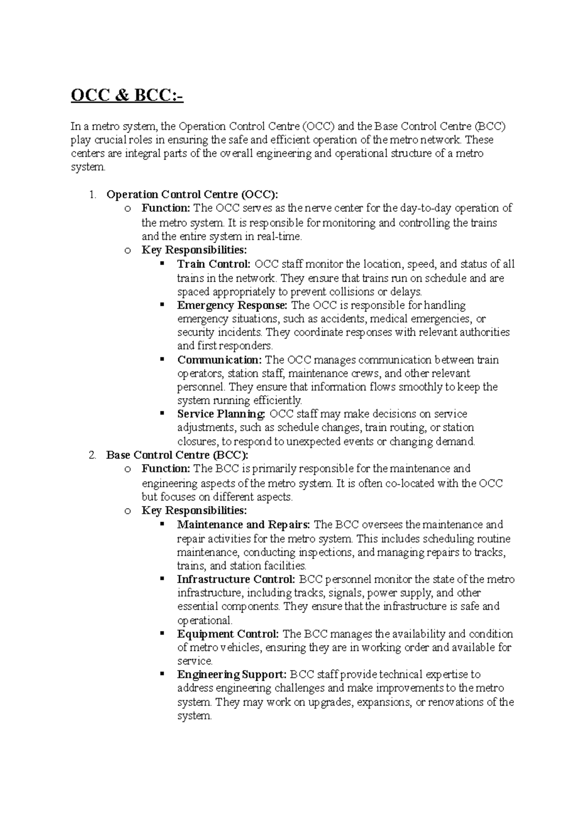 3rd mse - notes - OCC & BCC:- In a metro system, the Operation Control ...