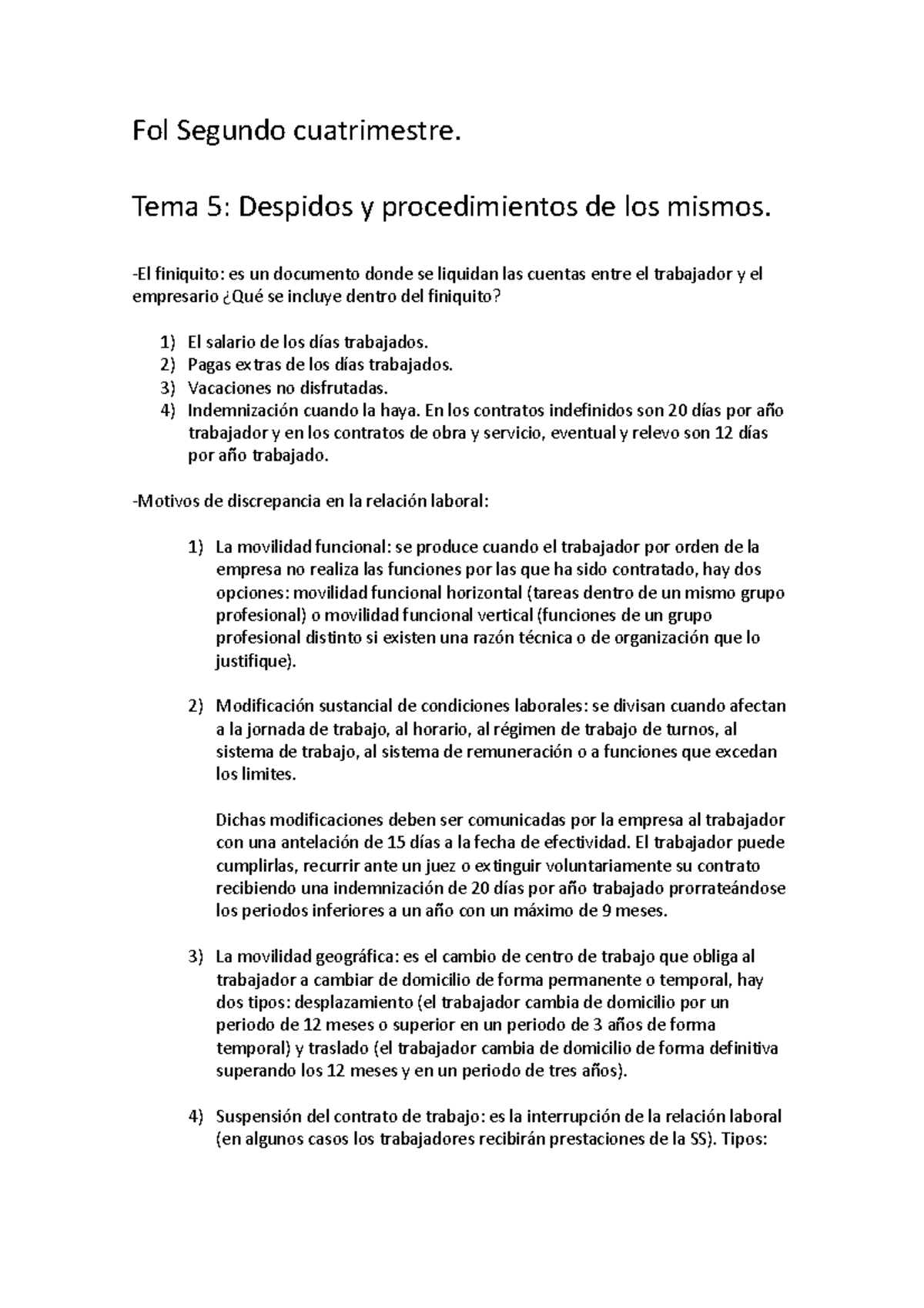 Fol segundo cuatrimestre - Tema 5: Despidos y procedimientos de los mismos. -El finiquito: es un ...