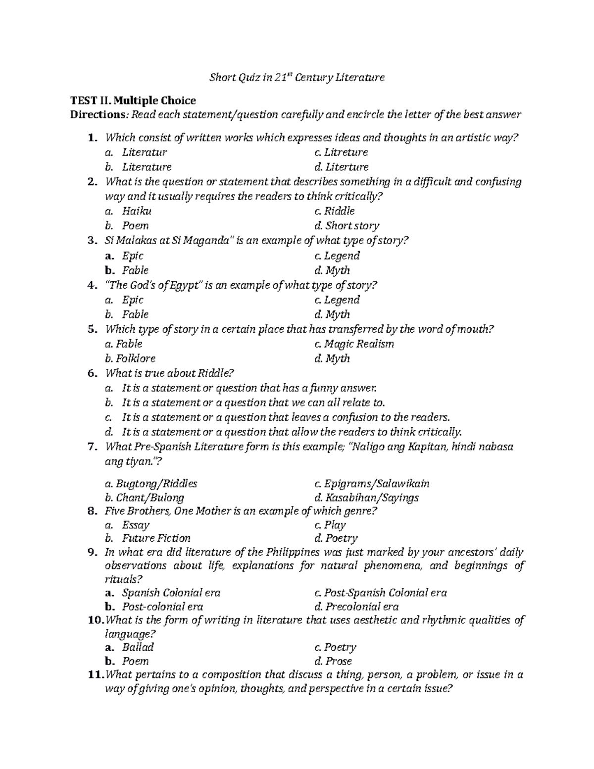 Short Long Quiz in 21st Century Lit - Short Quiz in 21st Century ...