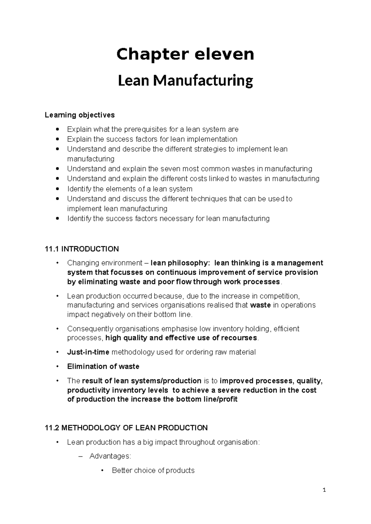 Chapter 11 notes - Chapter eleven Lean Manufacturing Learning ...