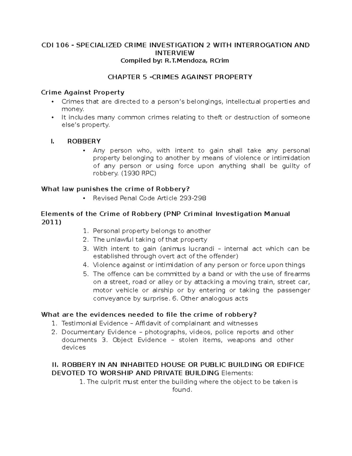 CDI 106 NOTES- CRIMINOLOGY - CDI 106 - SPECIALIZED CRIME INVESTIGATION ...