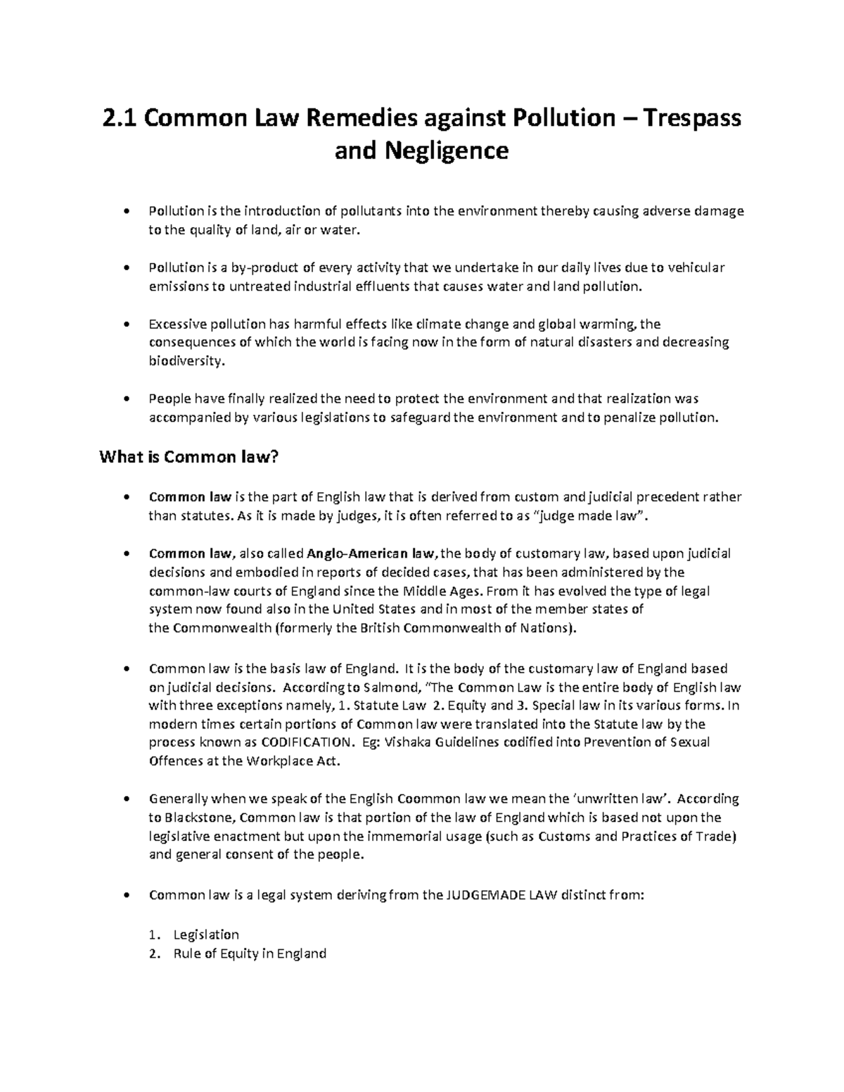 Unit II only - Environmental Law1 - 2 Common Law Remedies against ...