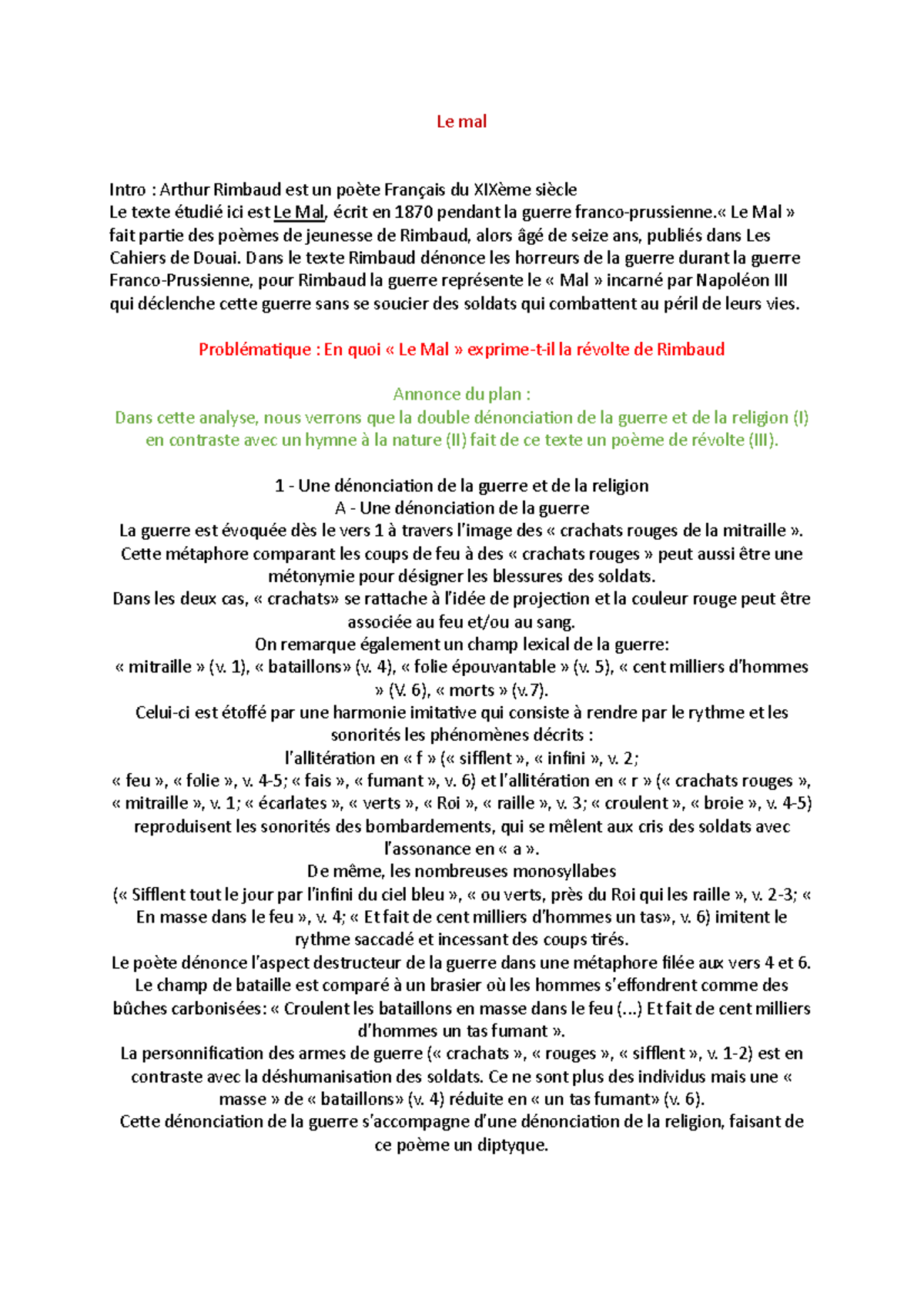 Le Mal Arthur Rimbaud Analyse Lin aire Le Mal Intro Arthur Rimbaud
