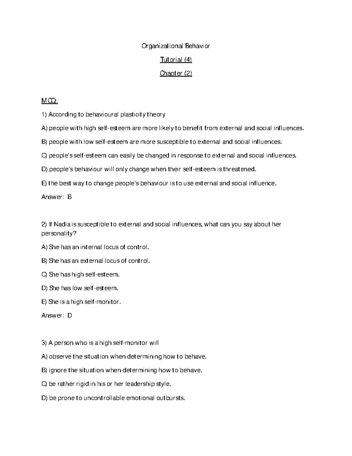 OB- Tutorial (4) with answers - Organizational Behavior Tutorial (4 ...