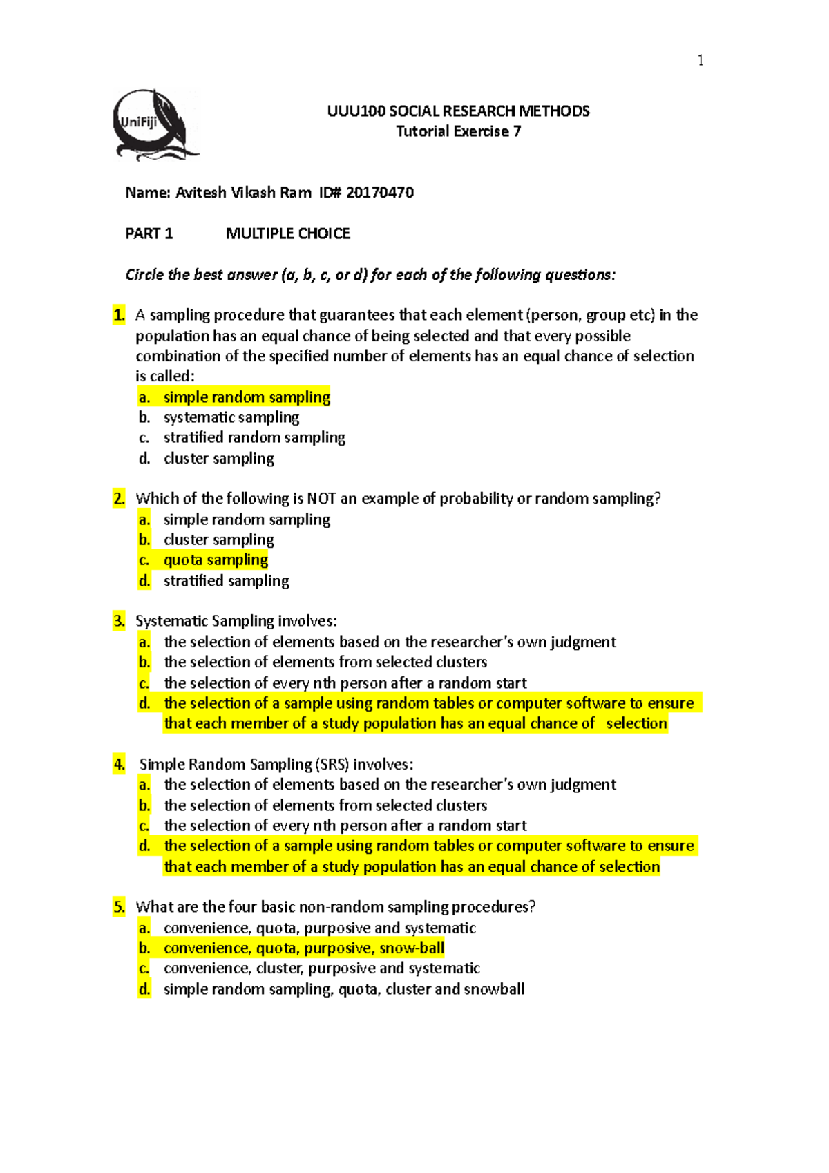 UUU 100 Tutorial 7 Solutions - UUU100 SOCIAL RESEARCH METHODS Tutorial ...